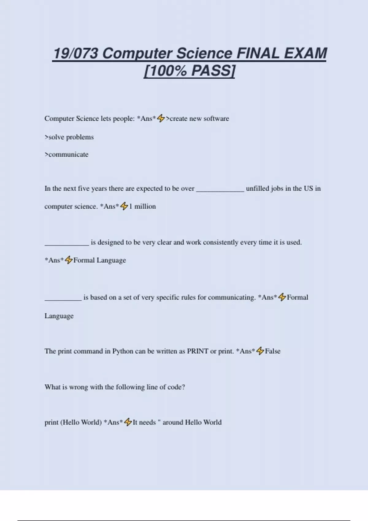 19/073 Computer Science FINAL EXAM [100% PASS] - Graduation in computer science - Stuvia US