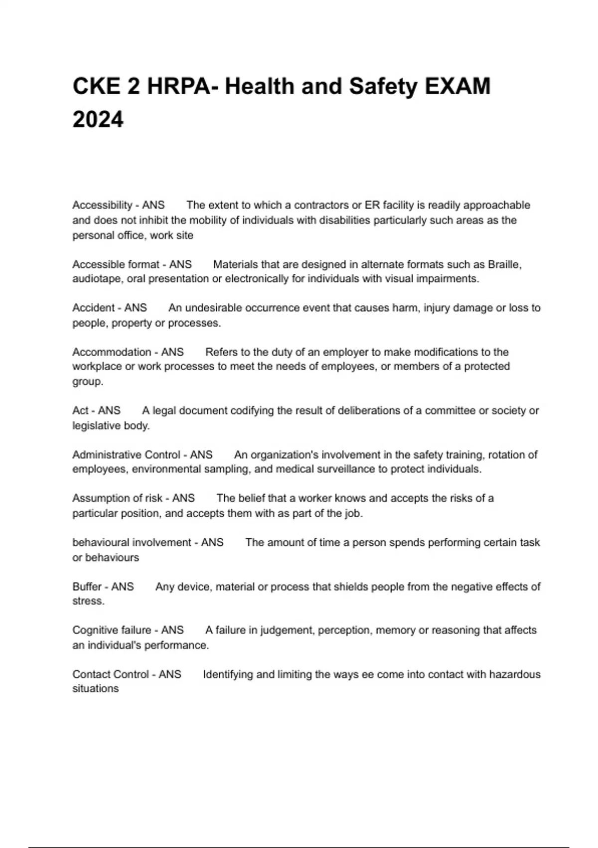 CKE 2 HRPA- Health and Safety EXAM 2024 Questions Graded And Verified ...