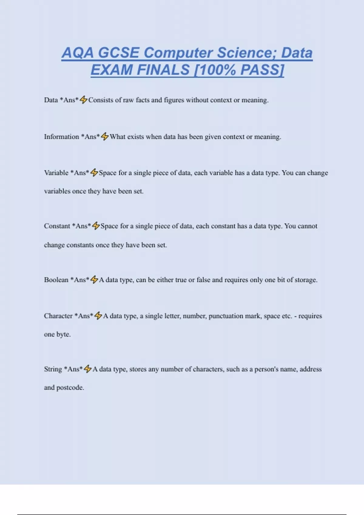 AQA GCSE Computer Science; Data EXAM FINALS [100% PASS] - Graduation in ...