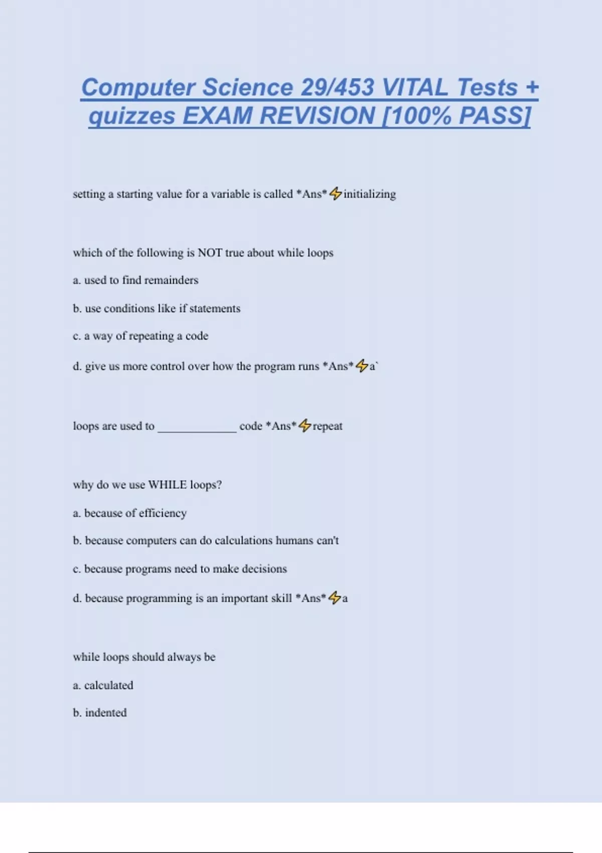 Computer Science 29/453 VITAL Tests + quizzes EXAM REVISION [100% PASS ...