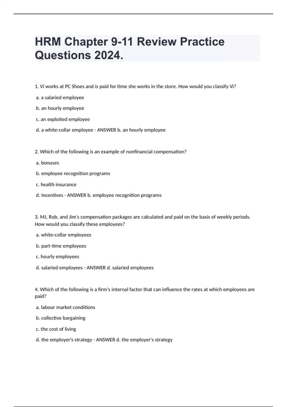 HRM Chapter 9-11 Review Practice Questions 2024. - HRM. - Stuvia US