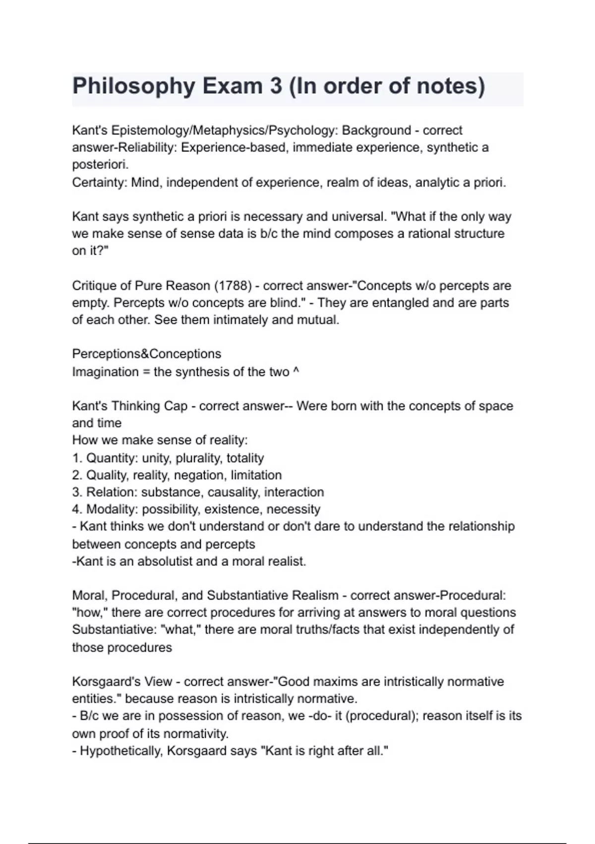 Philosophy Exam 3 (In order of notes) questions and answers latest 2024 ...