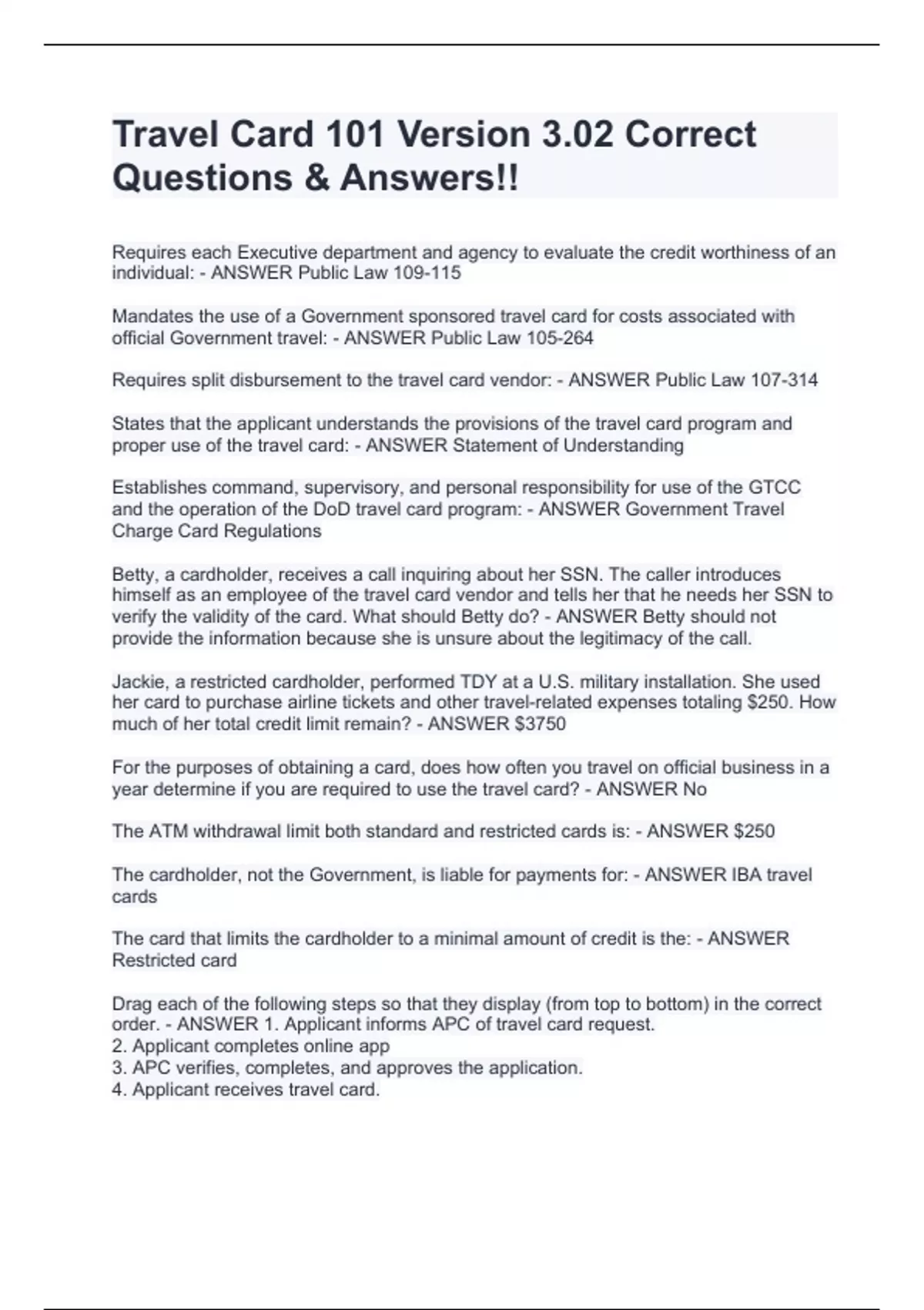 Travel Card 101 Version 3.02 Correct Questions & Answers!! - Government Travel Card - Stuvia US