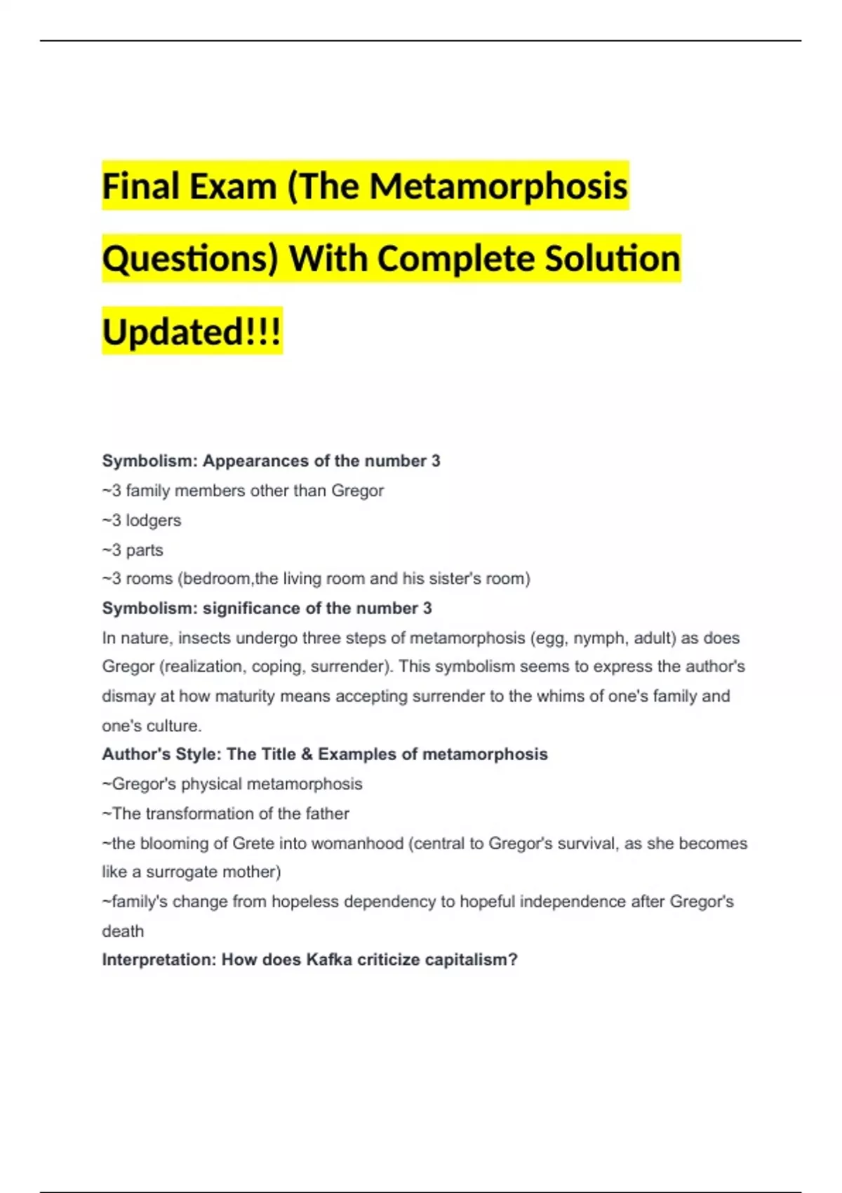 Final Exam (The Metamorphosis Questions) With Complete Solution Updated ...