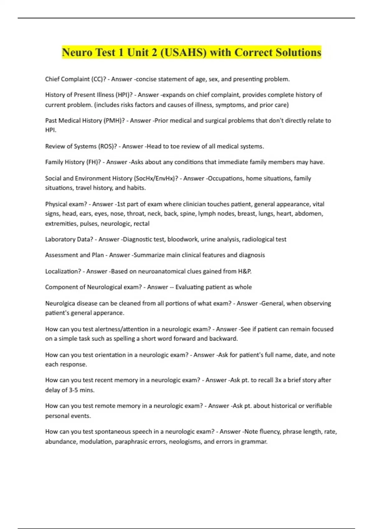 Neuro Test 1 Unit 2 (USAHS) with Correct Solutions 2024 - USAHS - Stuvia US