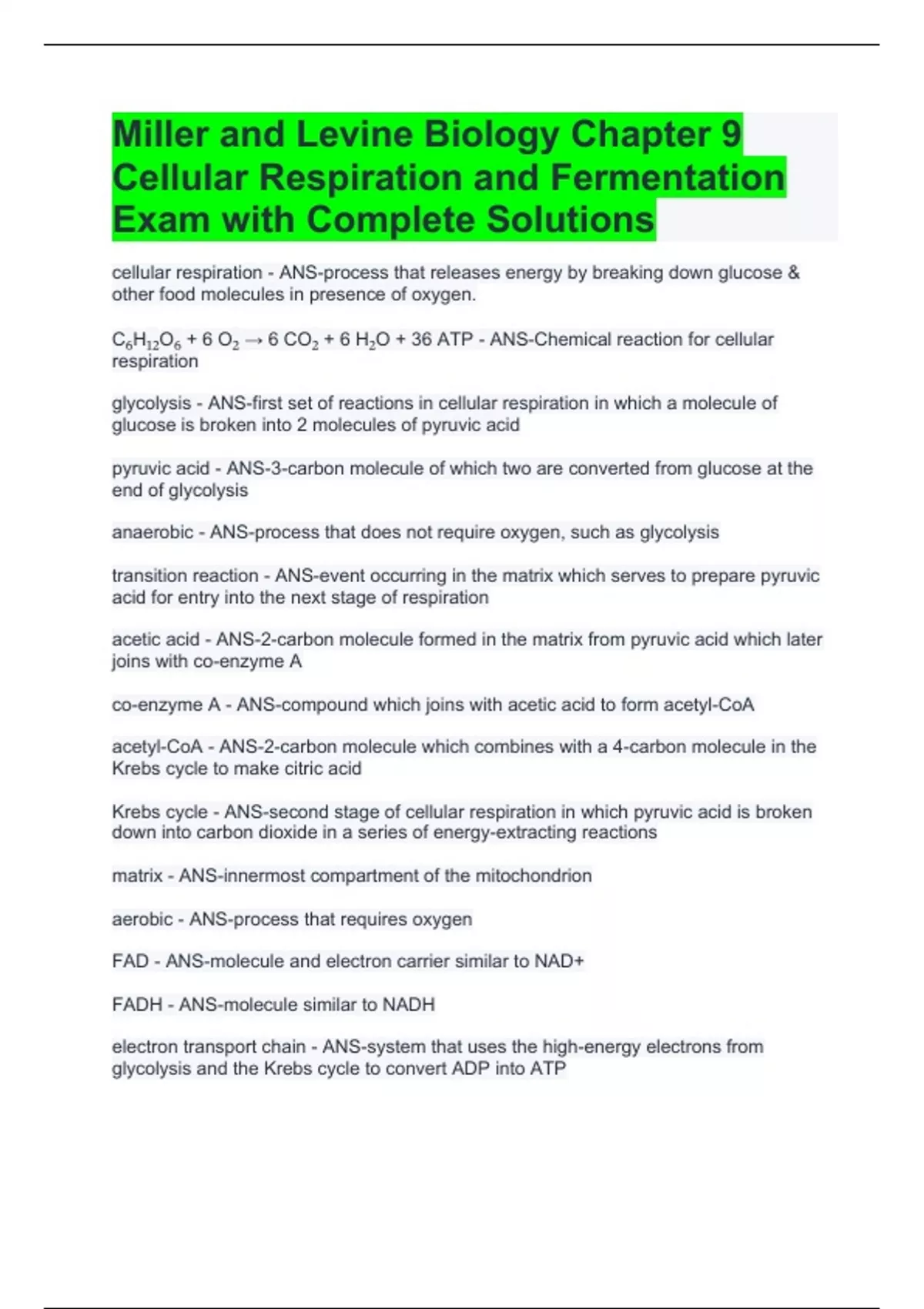 Miller and Levine Biology Chapter 9 Cellular Respiration and ...