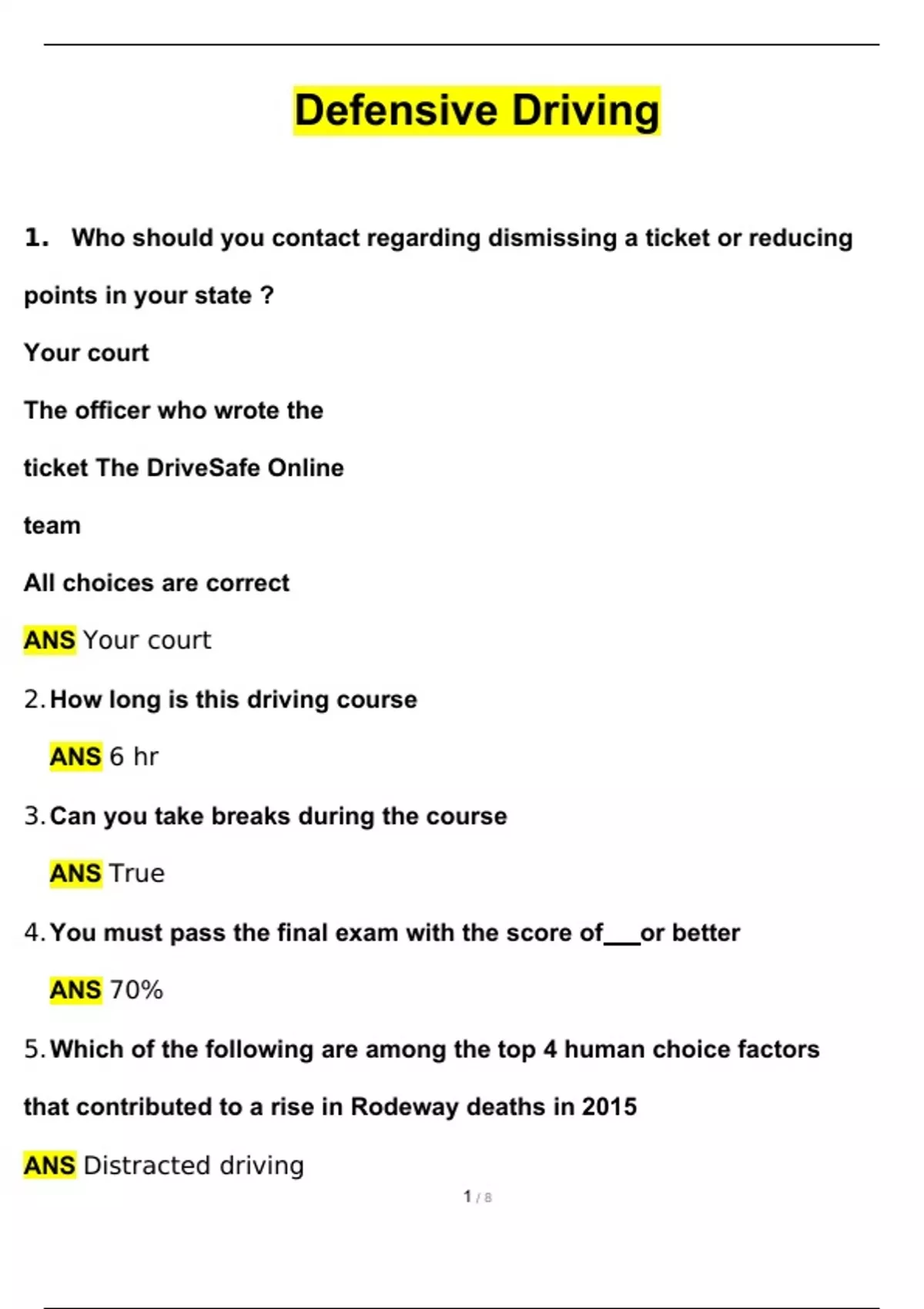 Defensive Driving School Exam Questions with 100% Correct Answers ...