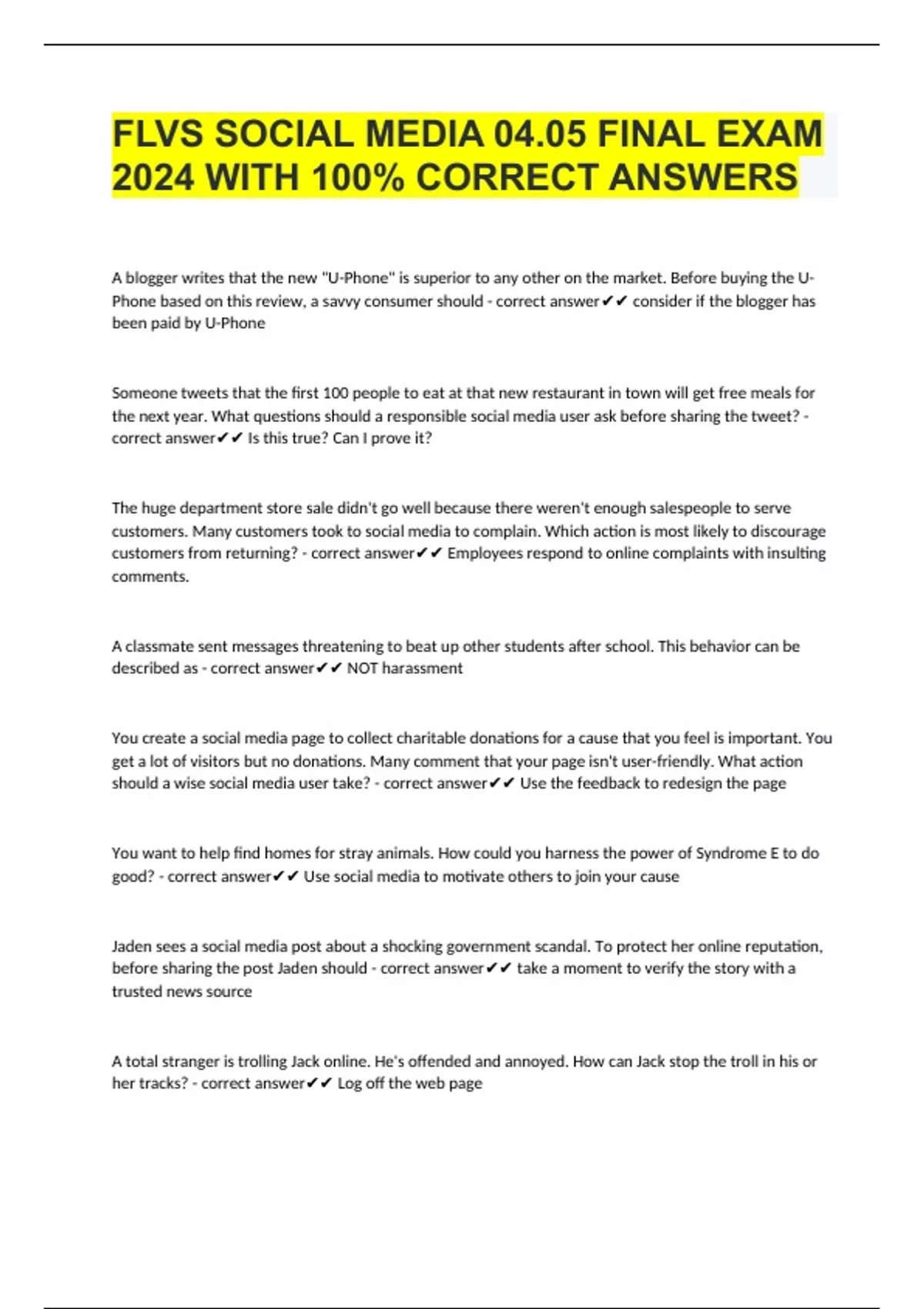 FLVS SOCIAL MEDIA 04.05 FINAL EXAM 2024 WITH 100% CORRECT ANSWERS ...