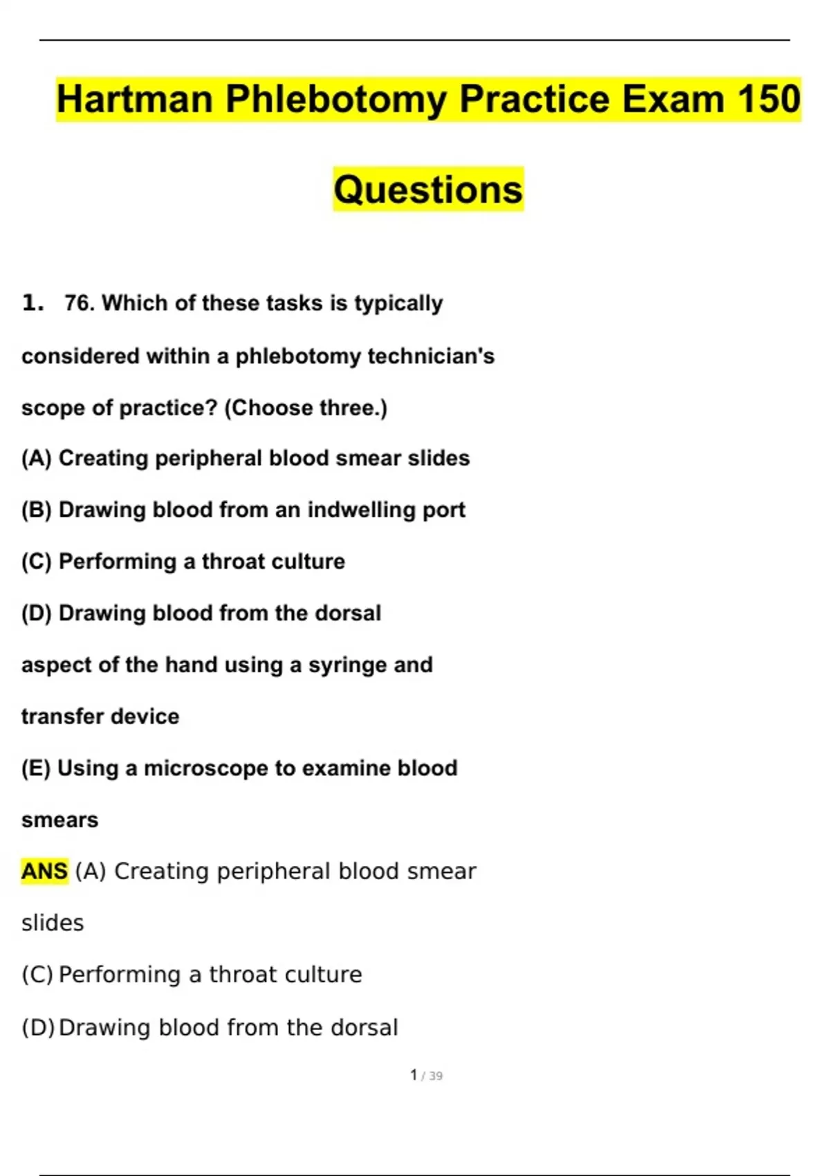 Hartman Phlebotomy Practice Exam 150 Questions with 100% Correct ...