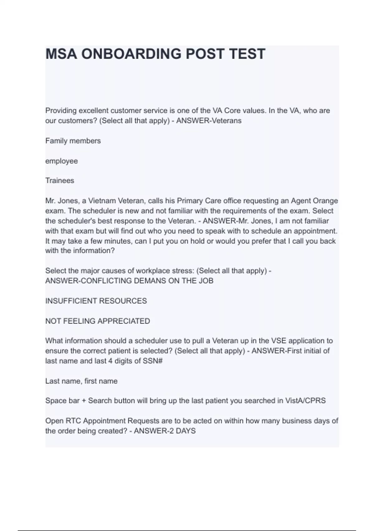 MSA ONBOARDING POST TEST Questions and Verified Answers (2023/ 2024 ...