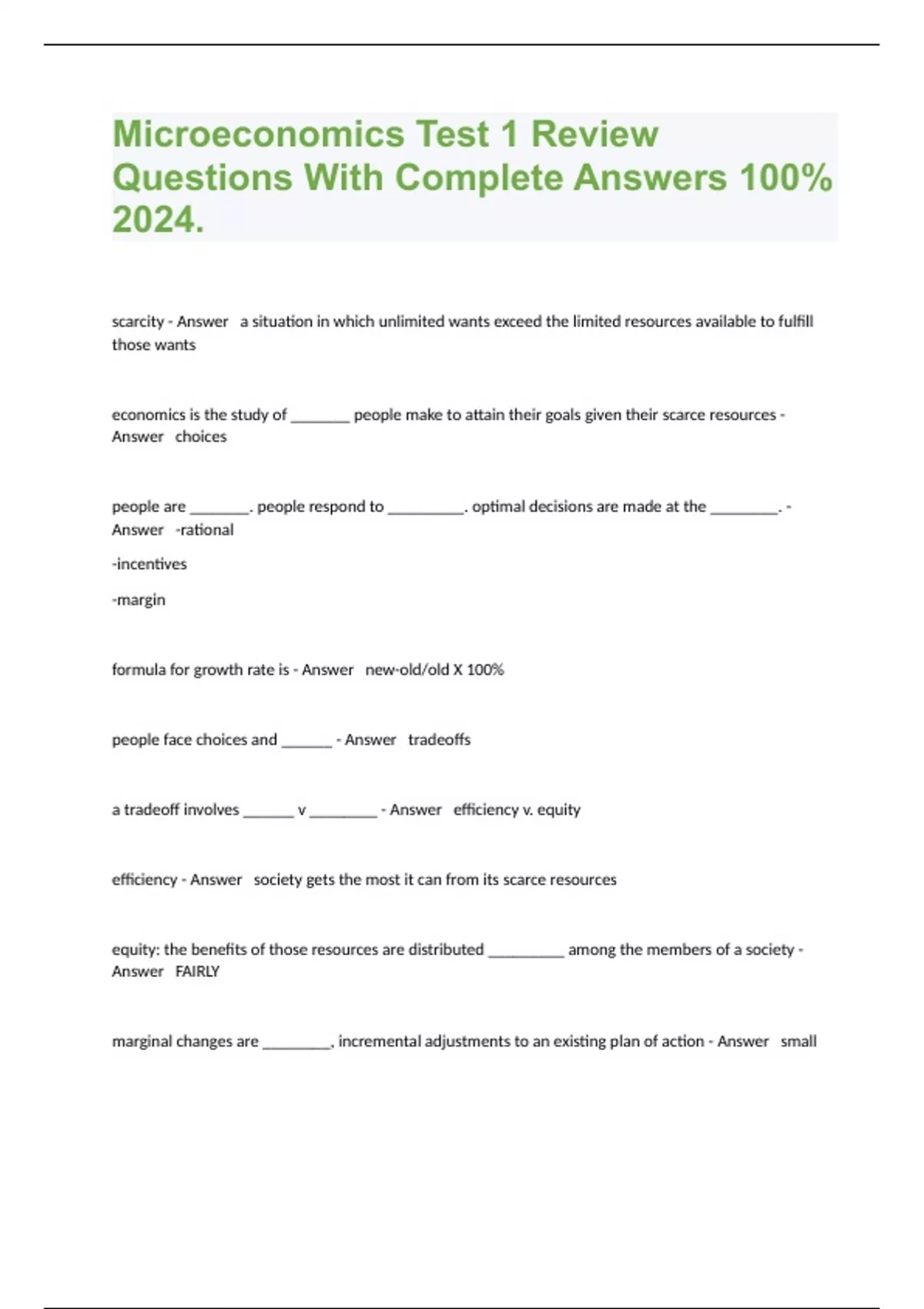 Microeconomics Test 1 Review Questions With Complete Answers 100% 2024 ...