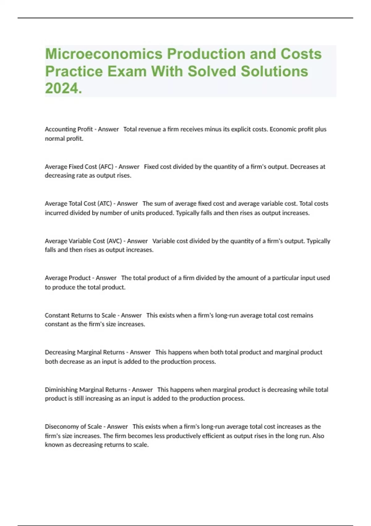 Microeconomics Production and Costs Practice Exam With Solved Solutions ...