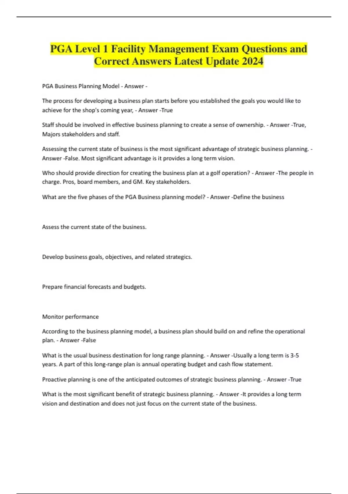 PGA Level 1 Facility Management Exam Questions and Correct Answers ...