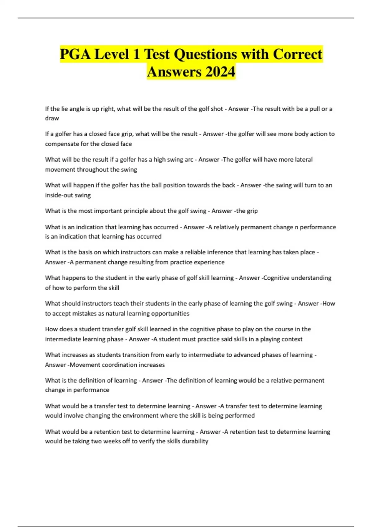 PGA Level 1 Test Questions with Correct Answers 2024 - Pga - Stuvia US