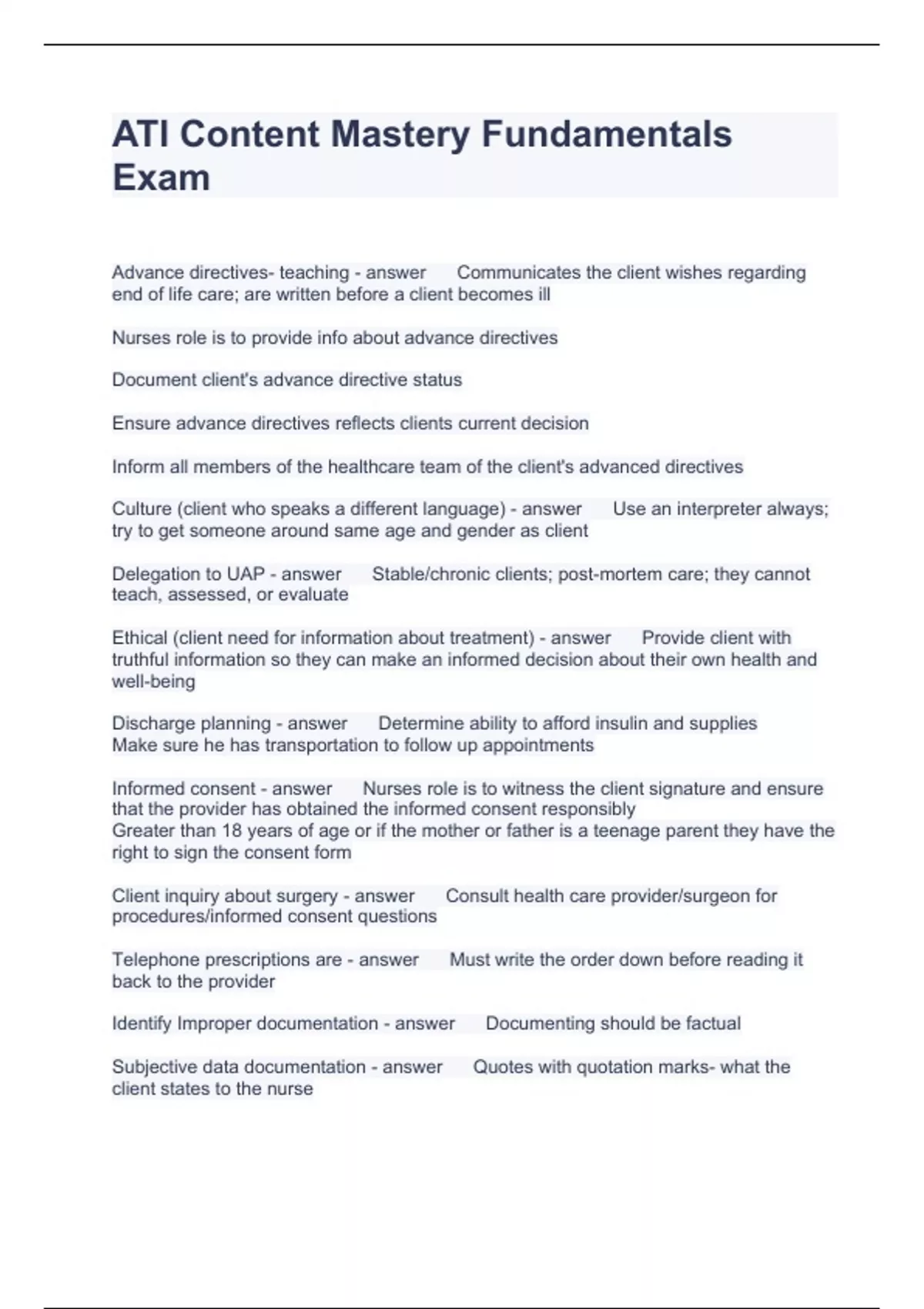 ATI Content Mastery Fundamentals Exam Questions and Answers 2024 - ATI ...