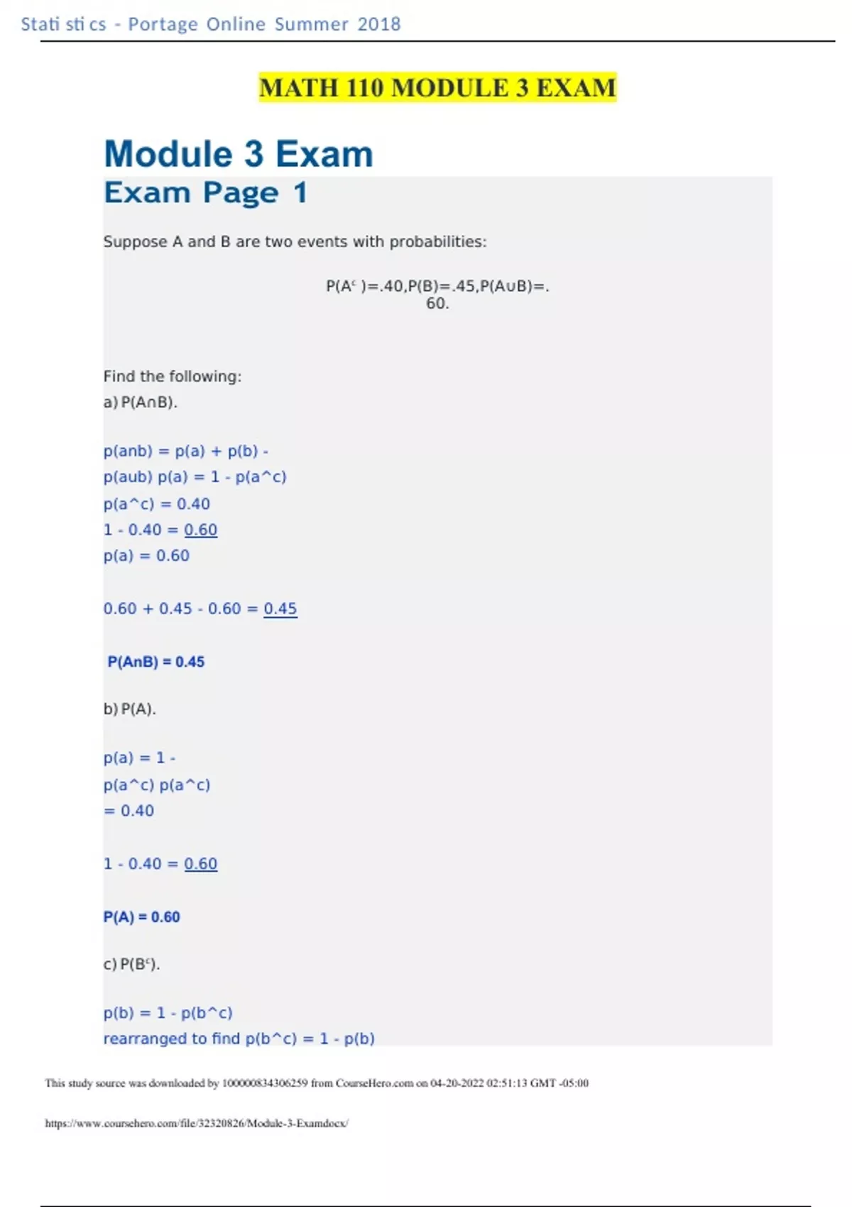 MATH 110 MODULE 3 EXAM - MATH 110 MODULE 3 - Stuvia US