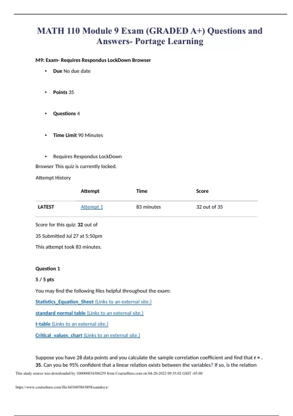 MATH 110 Module 9 Exam (GRADED A+) Questions and Answers- Portage ...