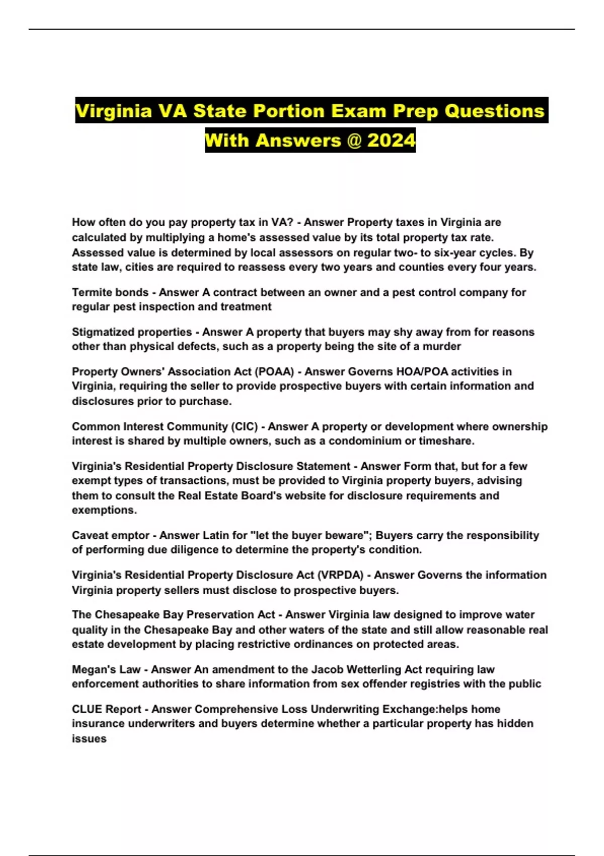 Virginia VA State Portion Exam Prep Questions With Answers @ 2024 ...