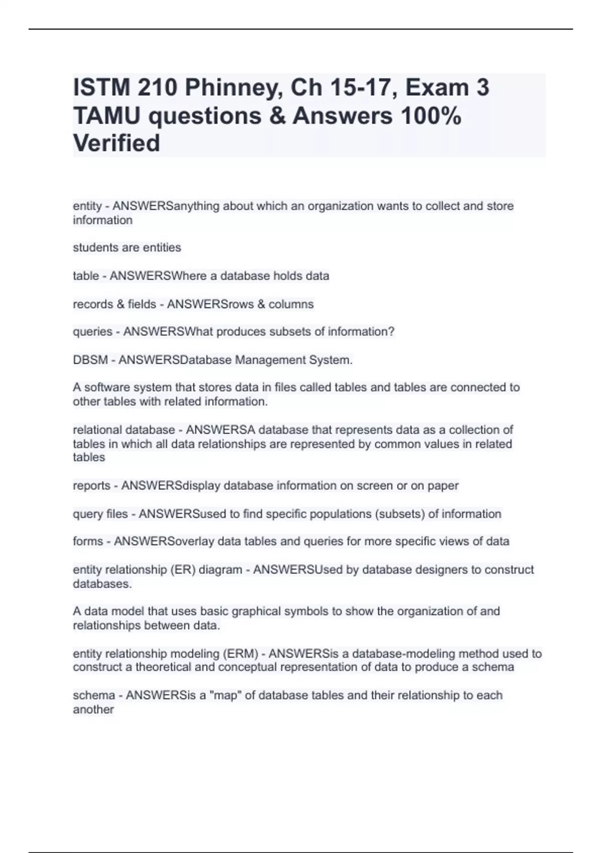 ISTM 210 Phinney, Ch 15-17, Exam 3 TAMU questions & Answers 100% Verified - ISTM 210 Phinney, Ch ...