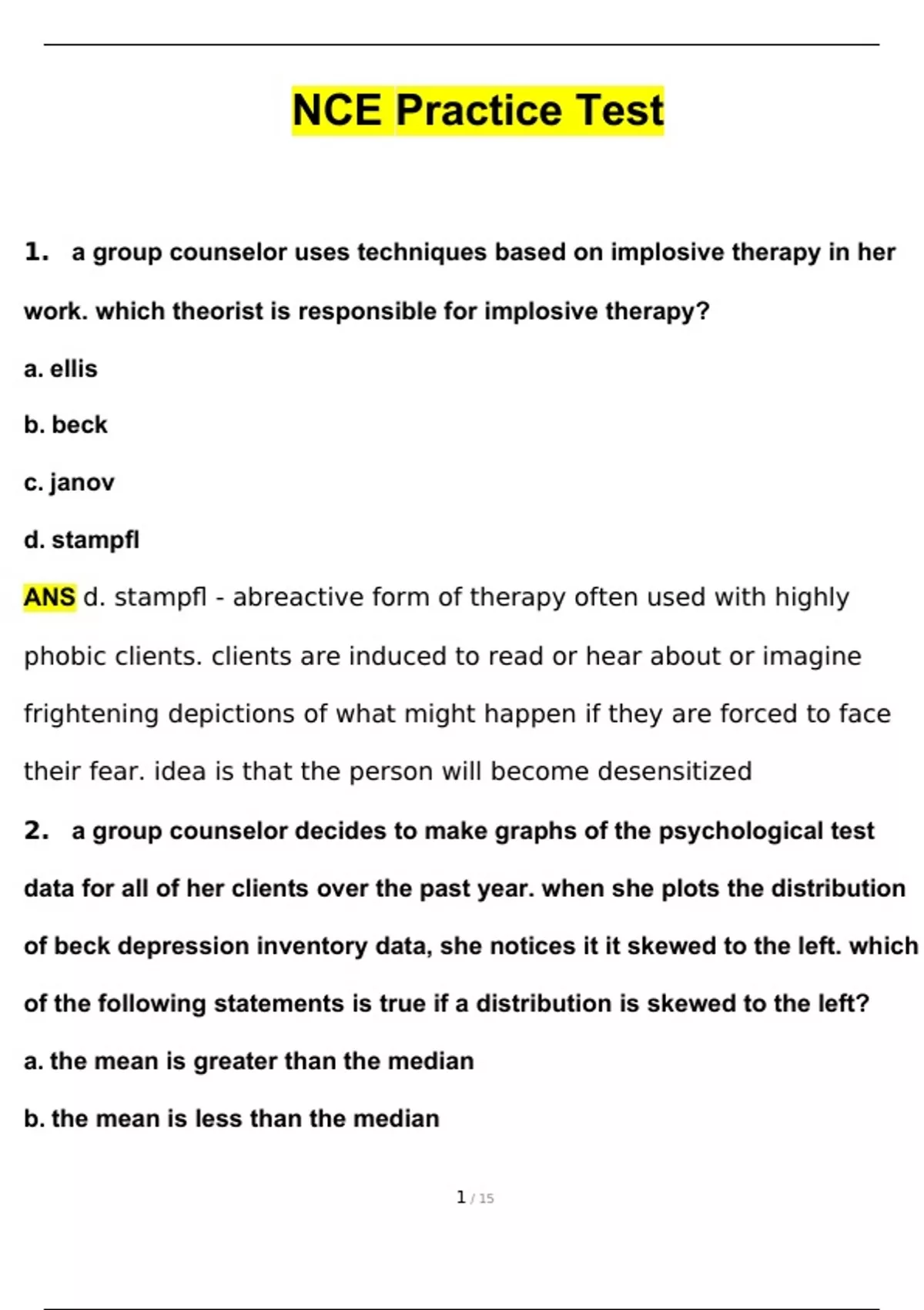 NCE Practice Test 2024 Questions with 100% Correct Answers | Verified ...