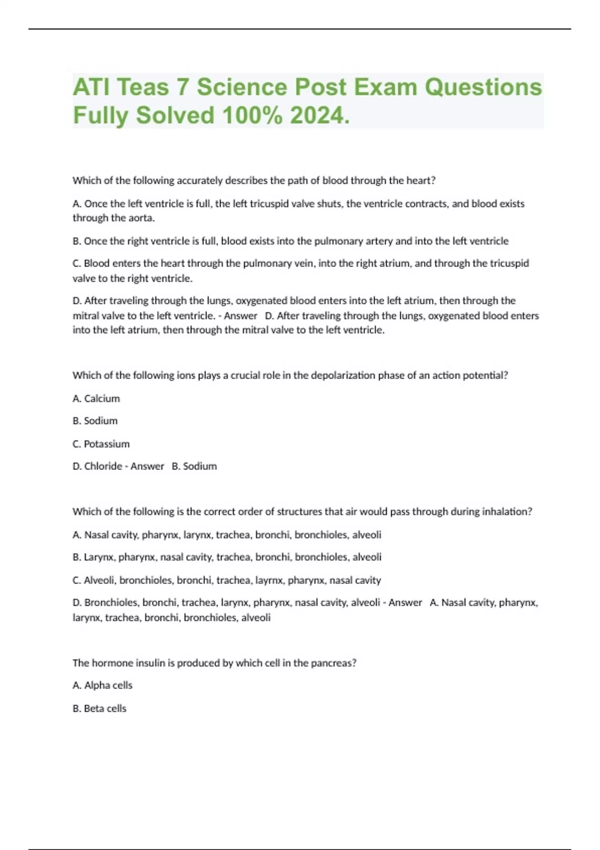 ATI Teas 7 Science Post Exam Questions Fully Solved 100% 2024. - ATI ...