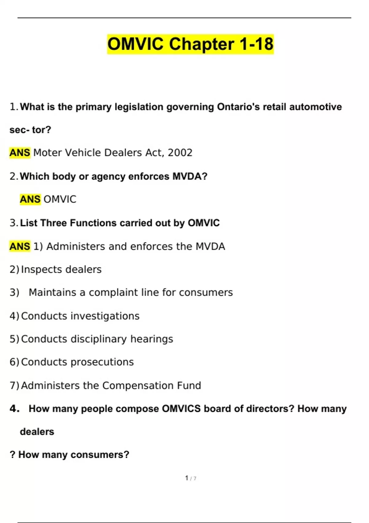 OMVIC Chapter 1-18 BUNDLED OMVIC Automative Test (Chapter 1-18) Updated ...