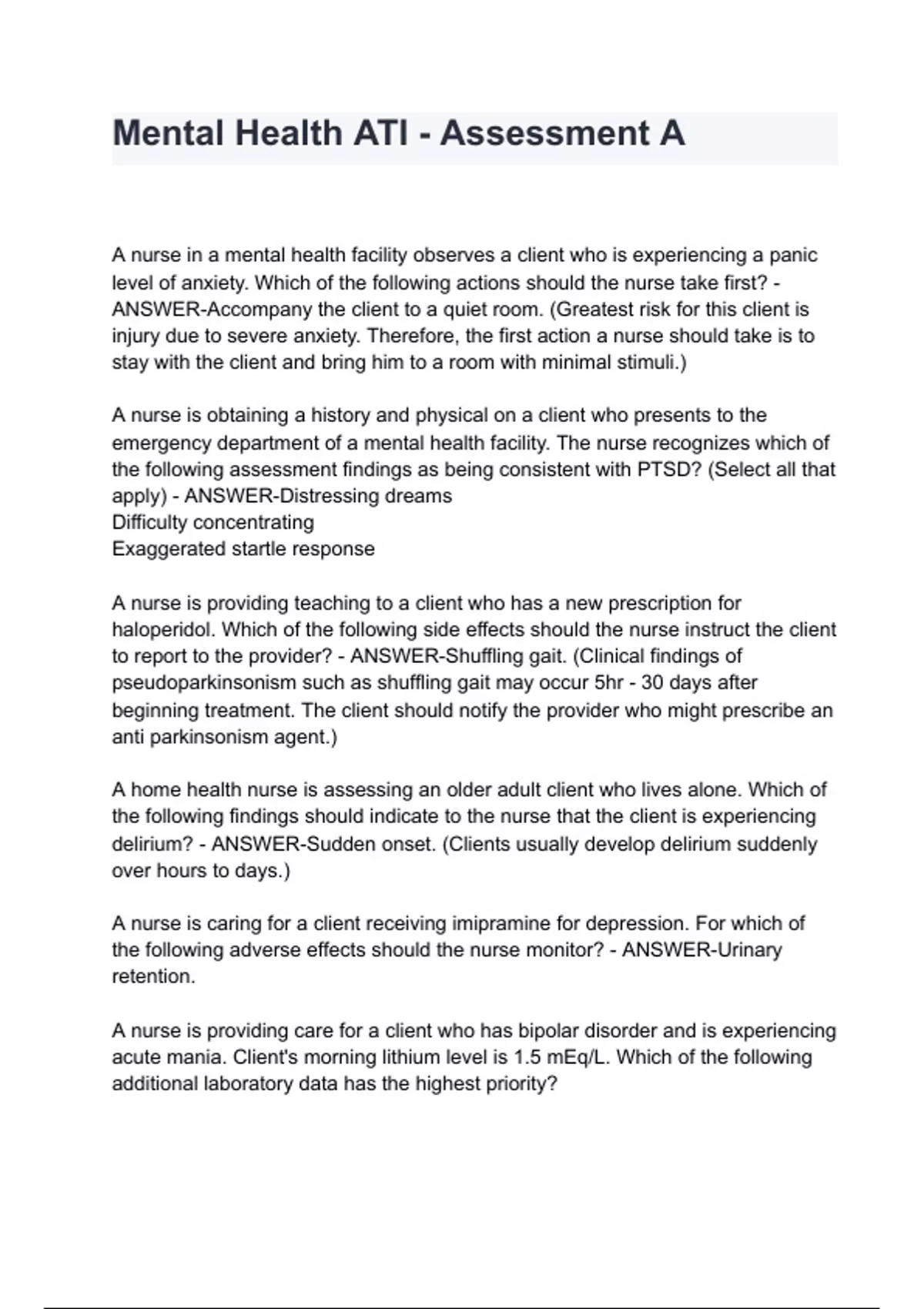 Mental Health ATI - Assessment A questions and correct detailed answers ...