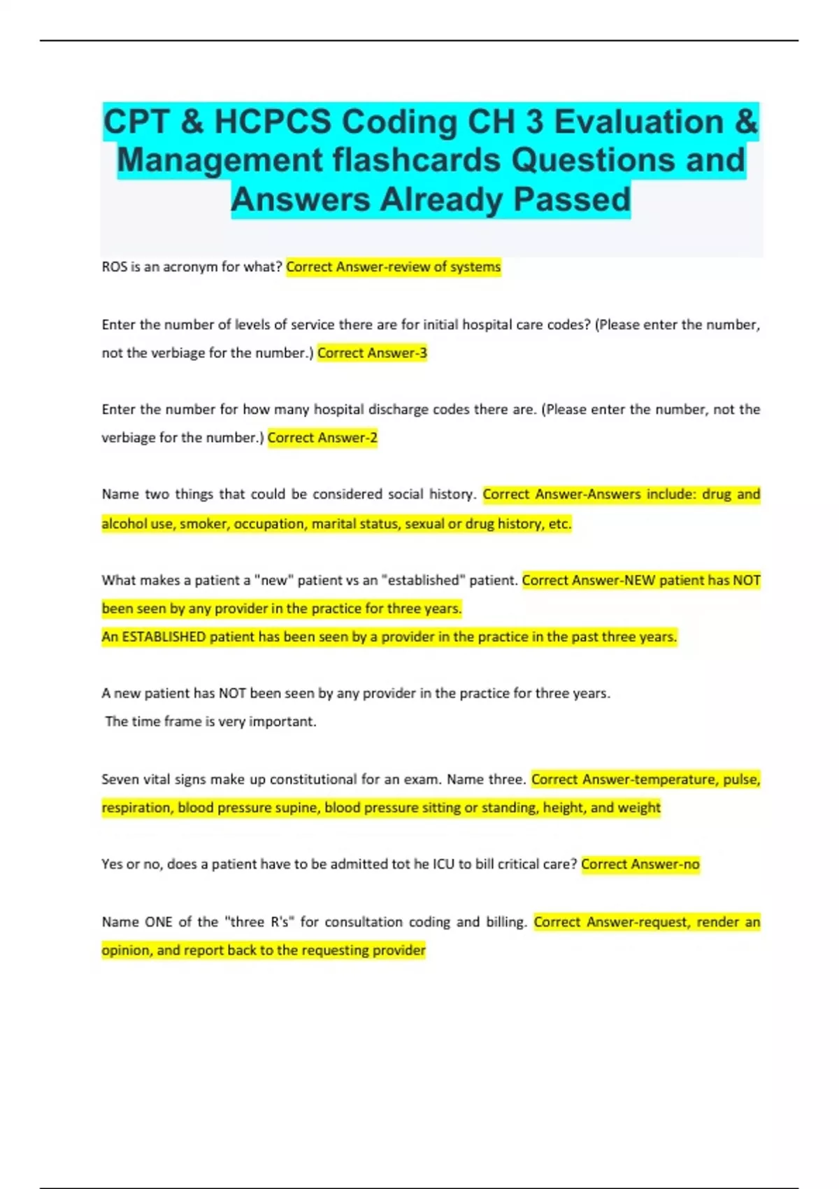 CPT & HCPCS Coding CH 3 Evaluation & Management flashcards Questions and Answers Already Passed ...