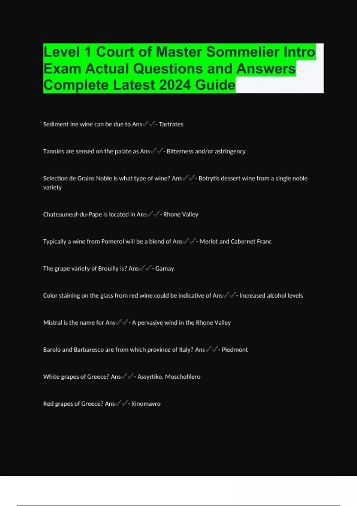 Level 1 Court of Master Sommelier Intro Exam Actual Questions and ...