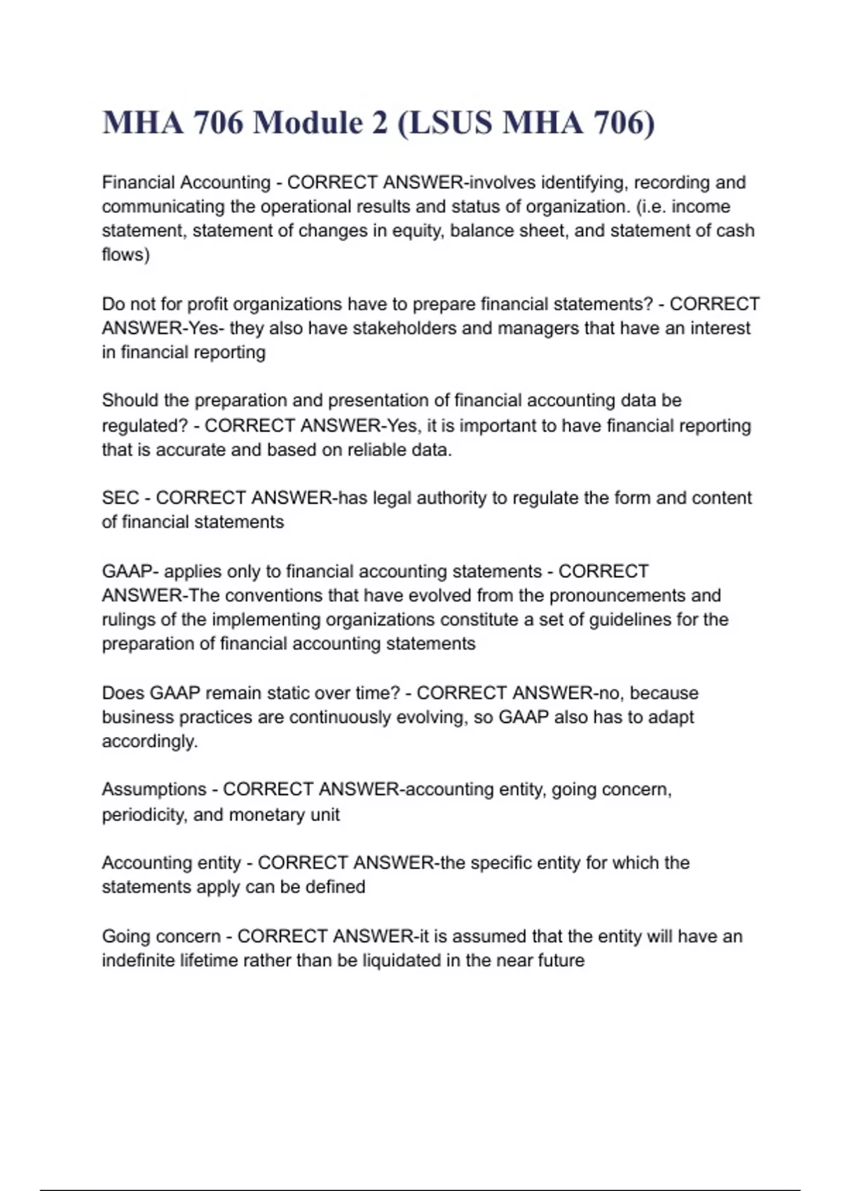 MHA 706 Module 2 (LSUS MHA 706) questions and answers latest 2024 - MHA ...