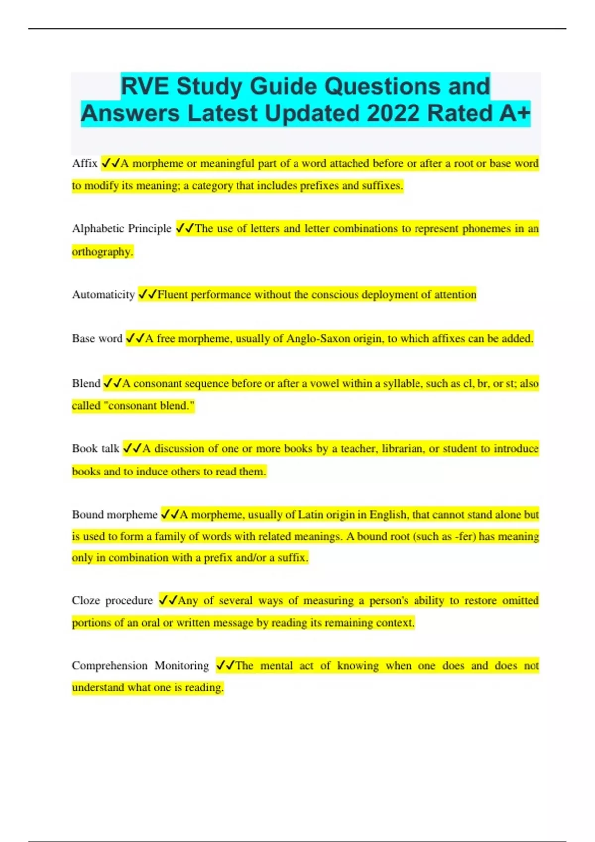 RVE Study Guide Questions and Answers Latest Updated 2022 Rated A+ ...