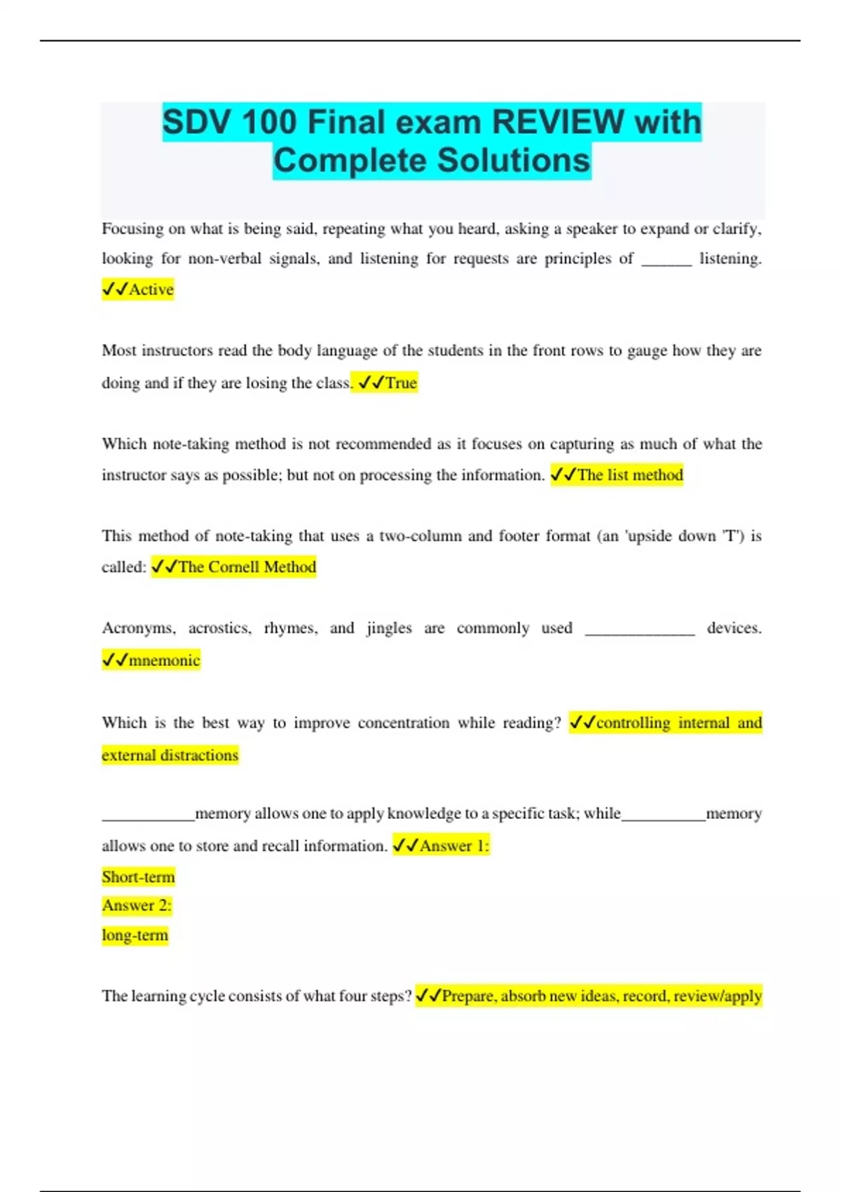 SDV 100 Final exam REVIEW with Complete Solutions - Sdv 100 - Stuvia US