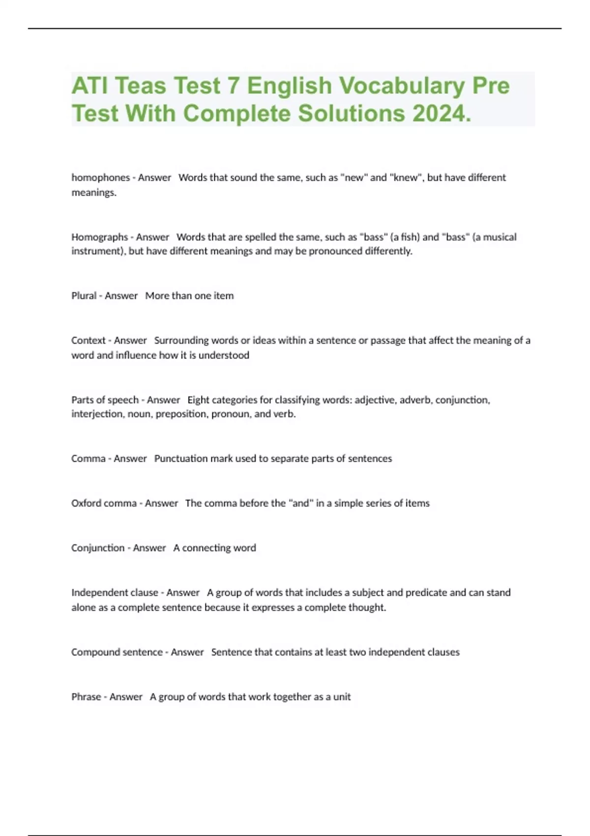 ATI Teas Test 7 English Vocabulary Pre Test With Complete Solutions ...