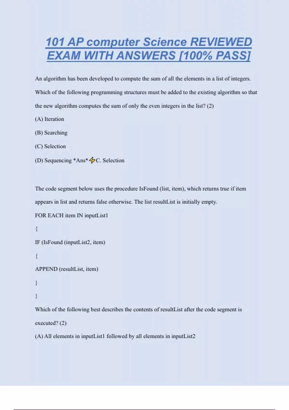 101 AP computer Science REVIEWED EXAM WITH ANSWERS [100% PASS] - Graduation in computer science ...