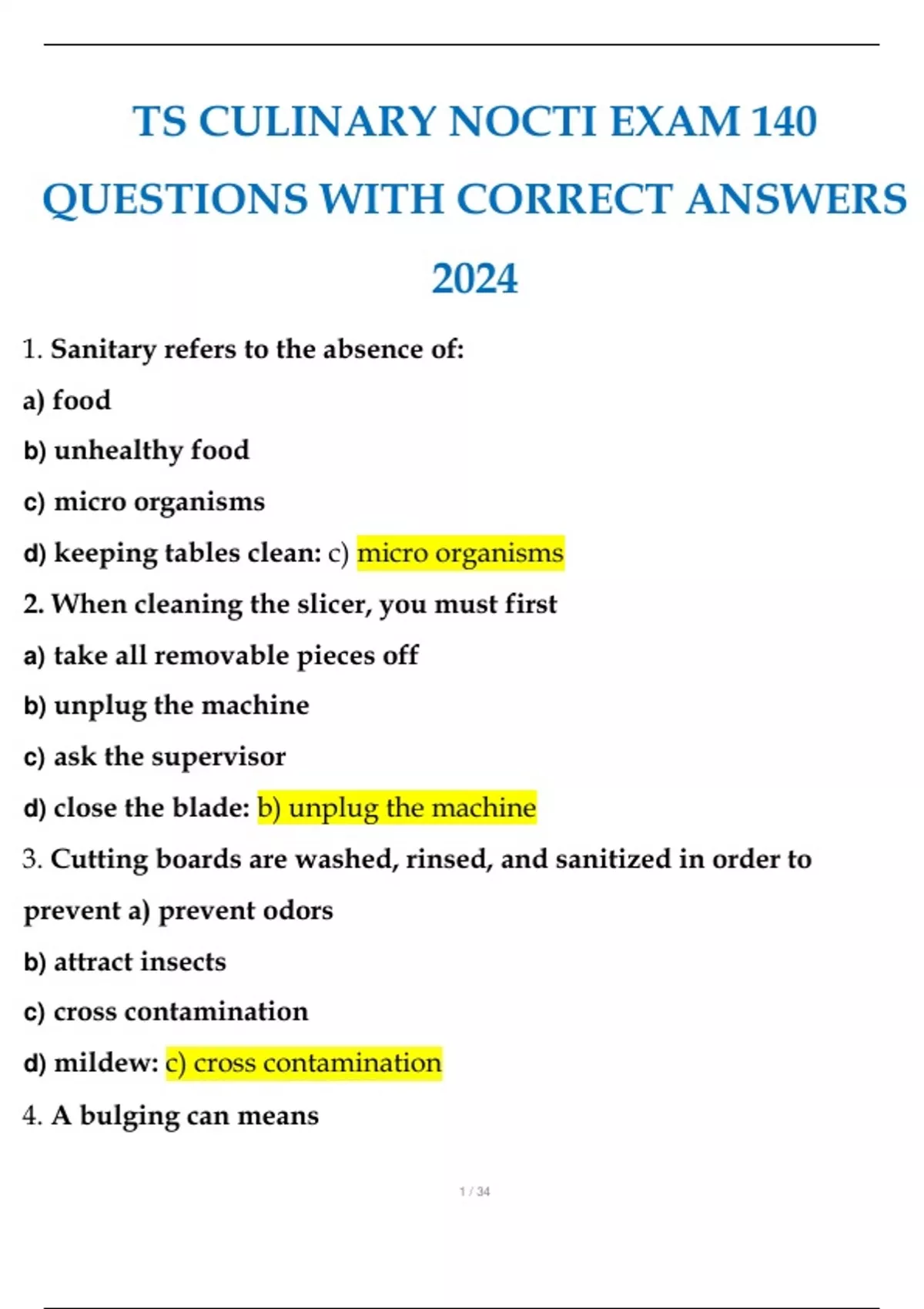 TS CULINARY NOCTI EXAM 140 QUESTIONS WITH CORRECT ANSWERS 2024 - TS ...