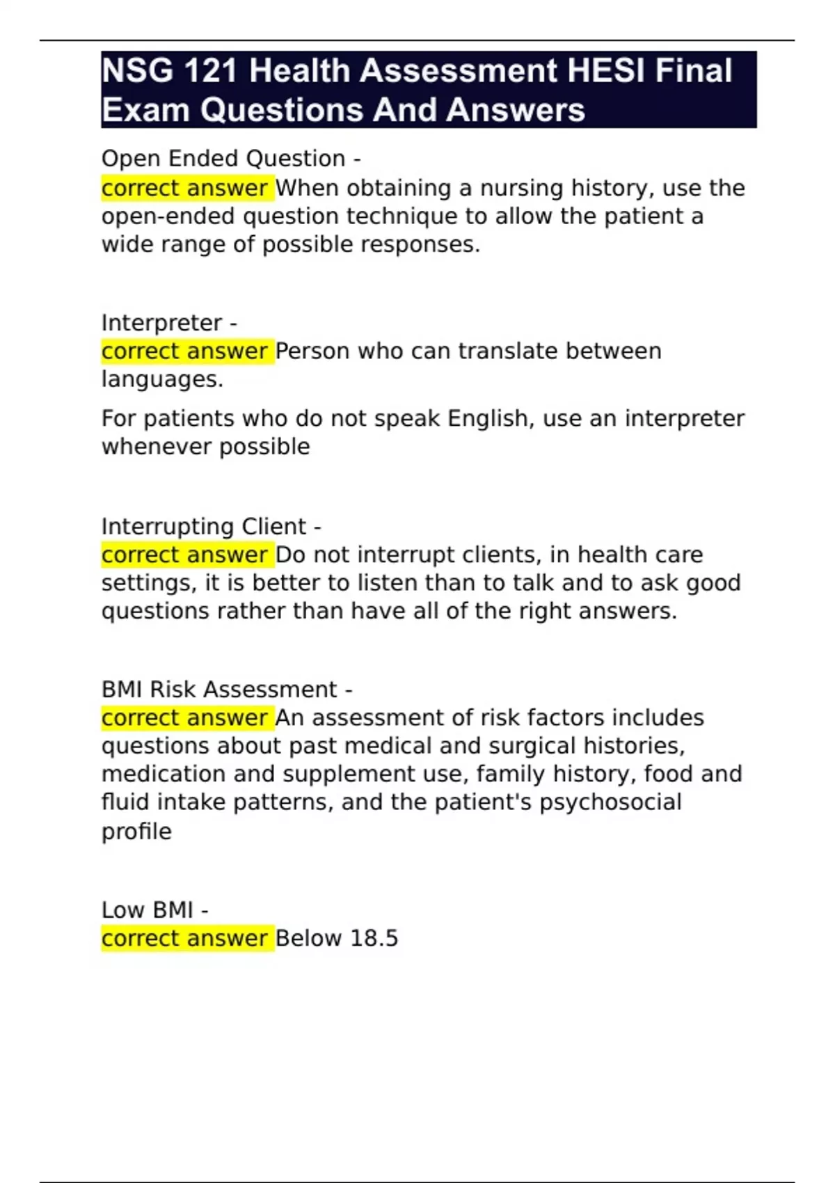 NSG 121 Health Assessment HESI Final Exam Questions And Answers - NSG ...
