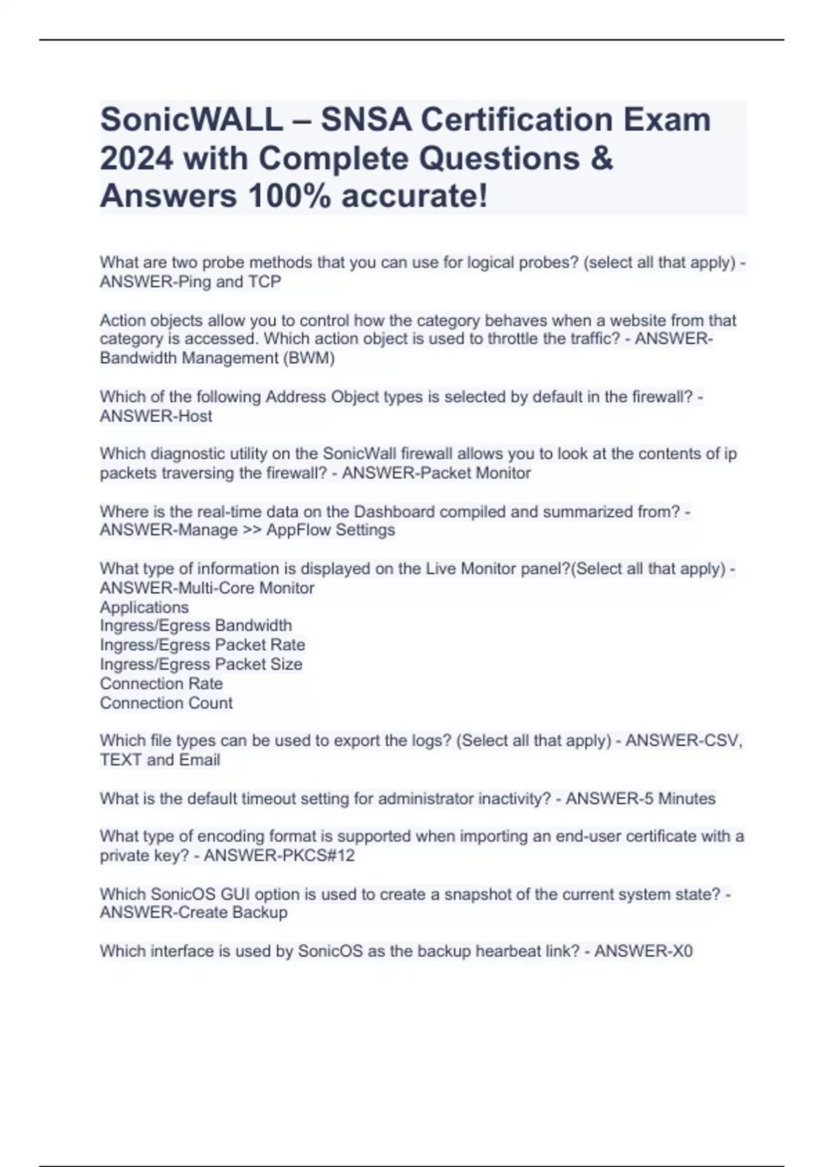 SonicWALL – SNSA Certification Exam 2024 with Complete Questions ...