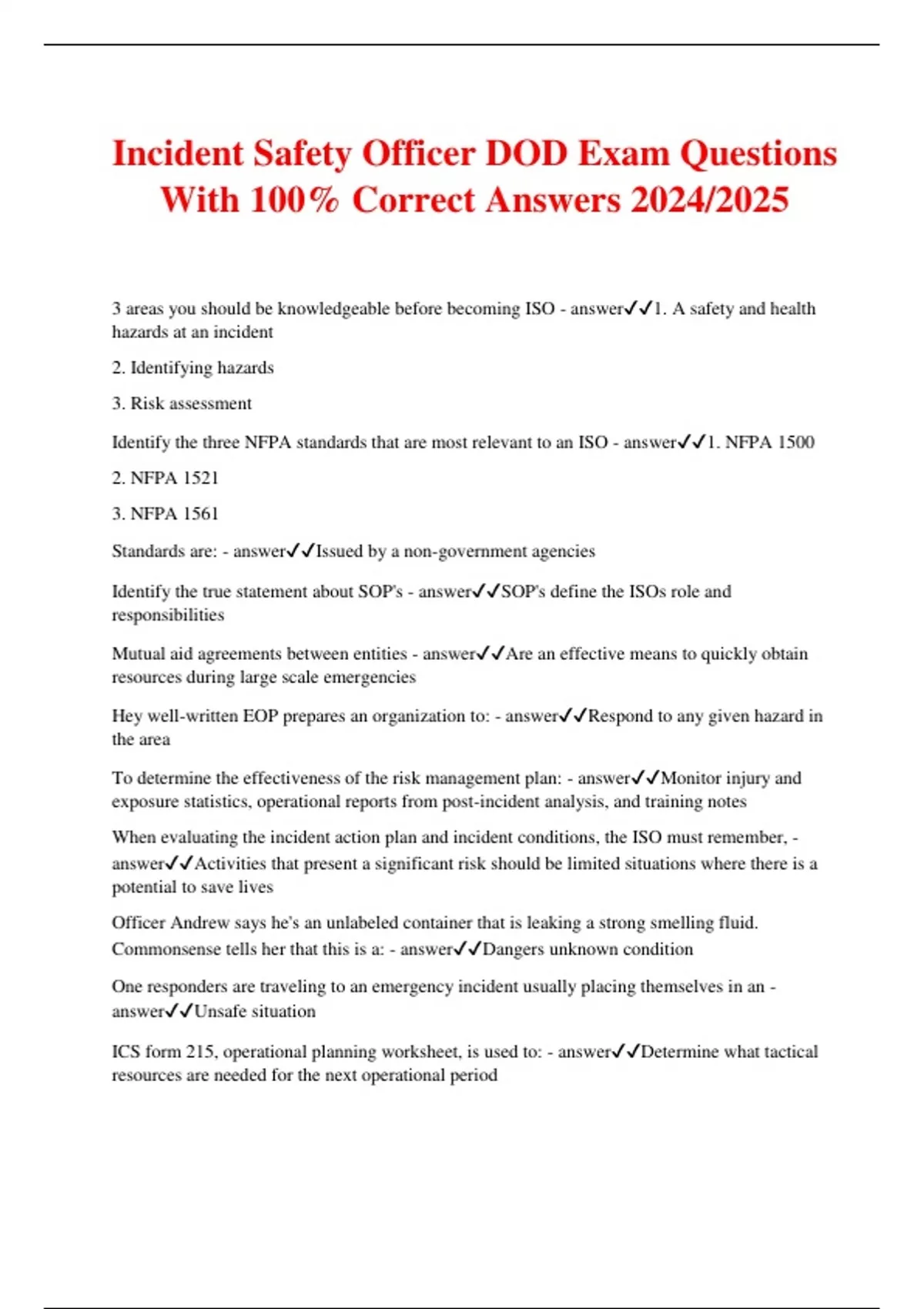 Incident Safety Officer DOD Exam Questions With 100% Correct Answers ...