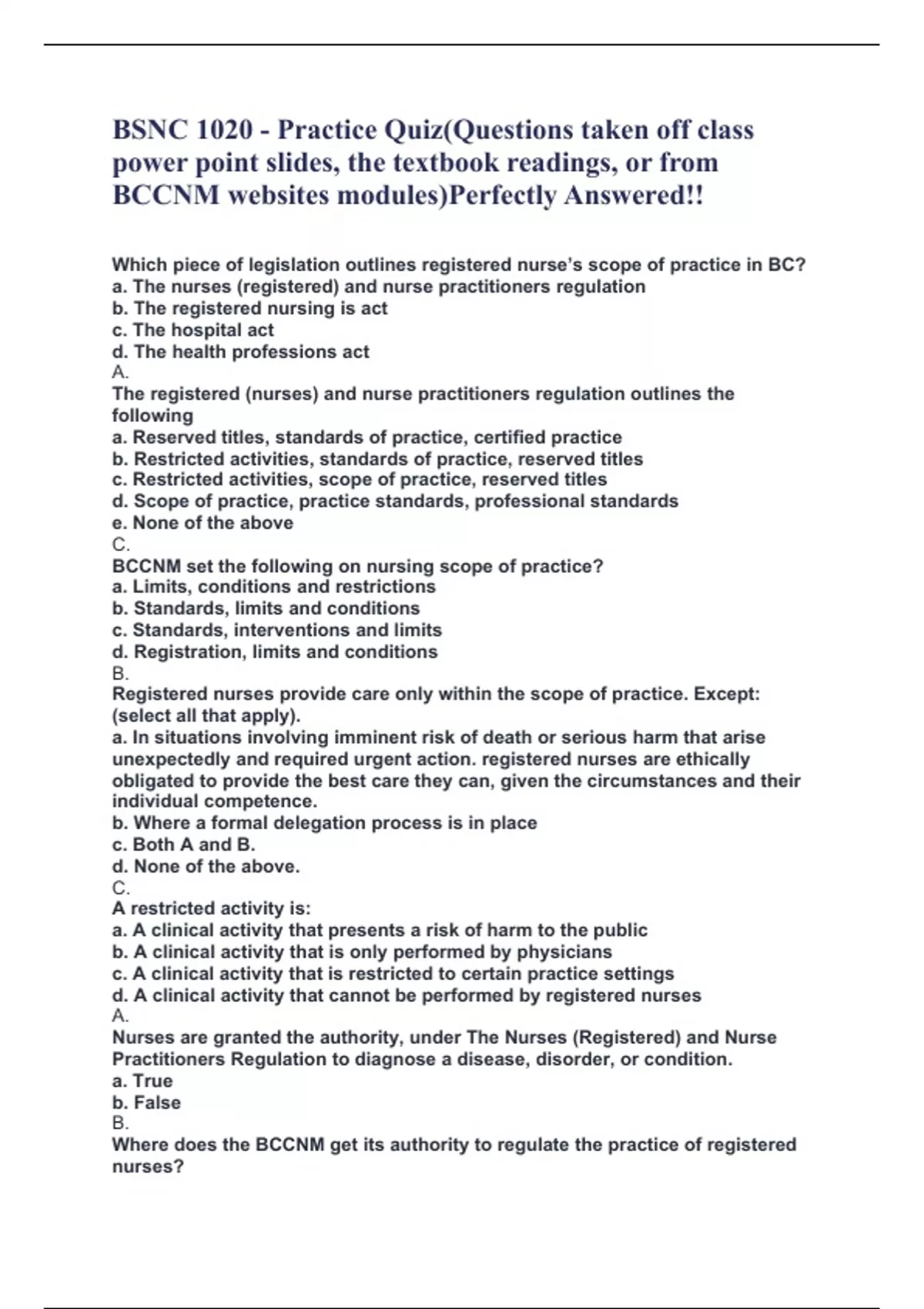 BSNC 1020 - Practice Quiz(Questions taken off class power point slides ...