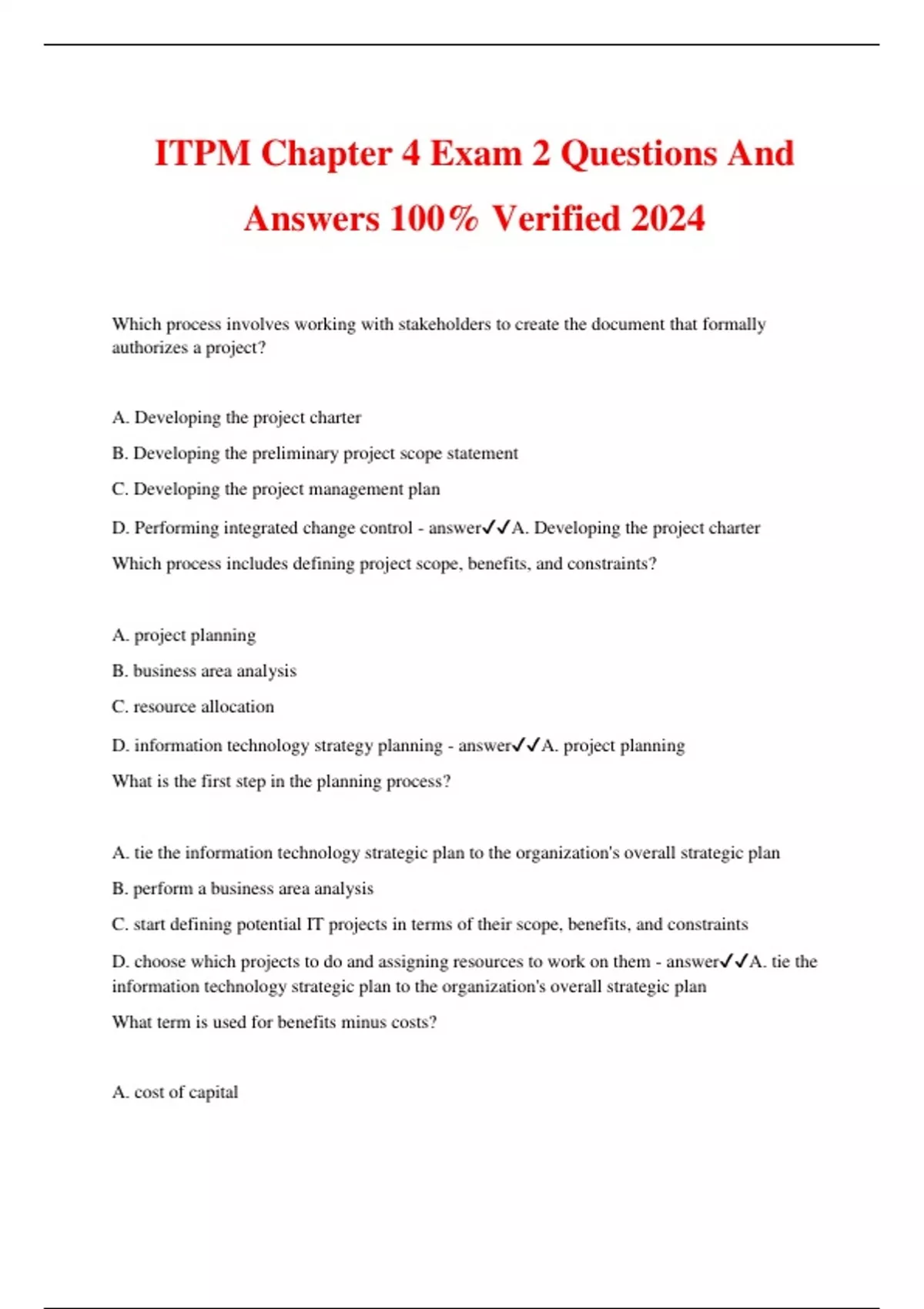 ITPM Chapter 4 Exam 2 Questions And Answers 100% Verified 2024 - ITPM - Stuvia US