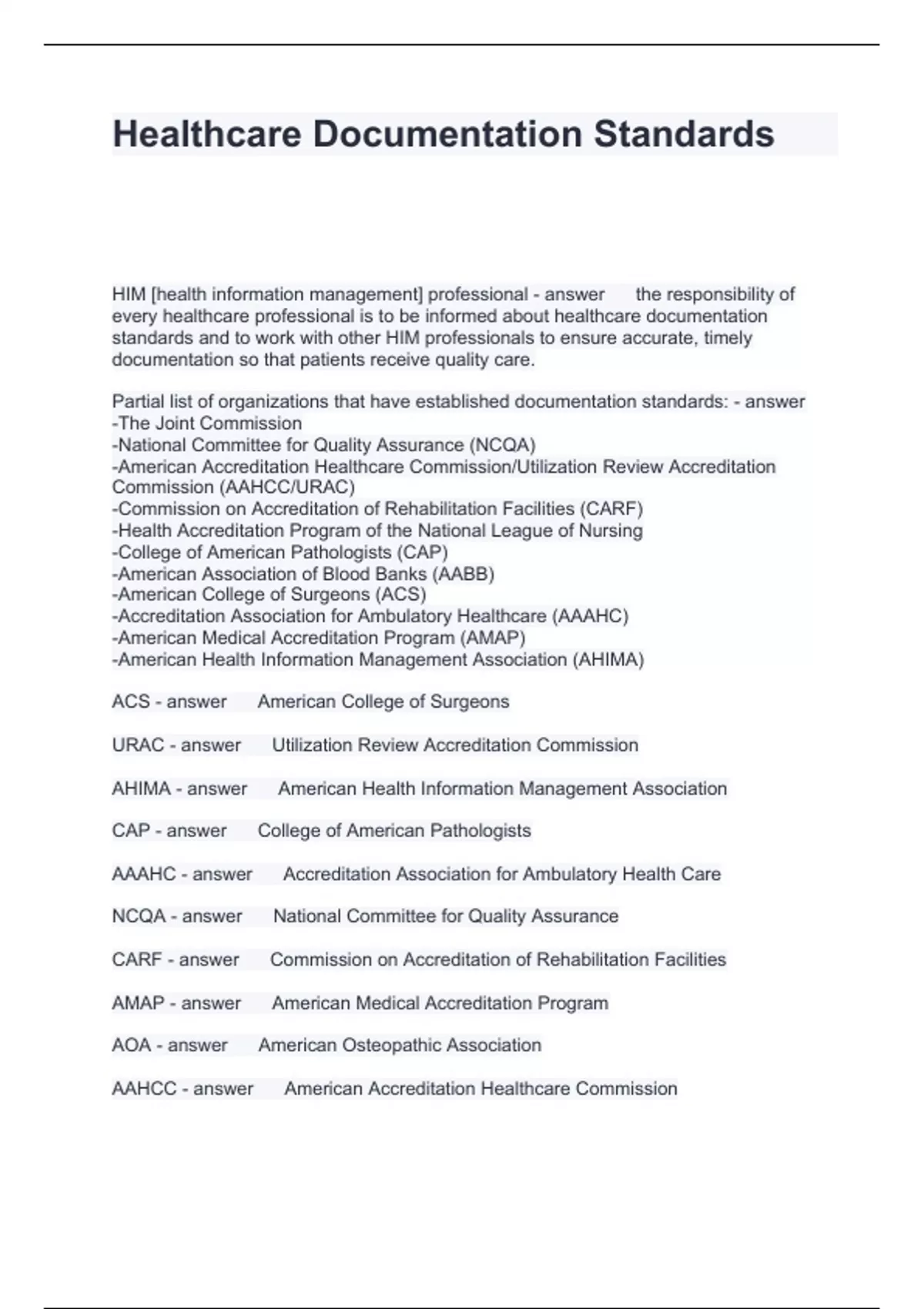 Healthcare Documentation Standards Questions with solutions 2024 - URAC ...