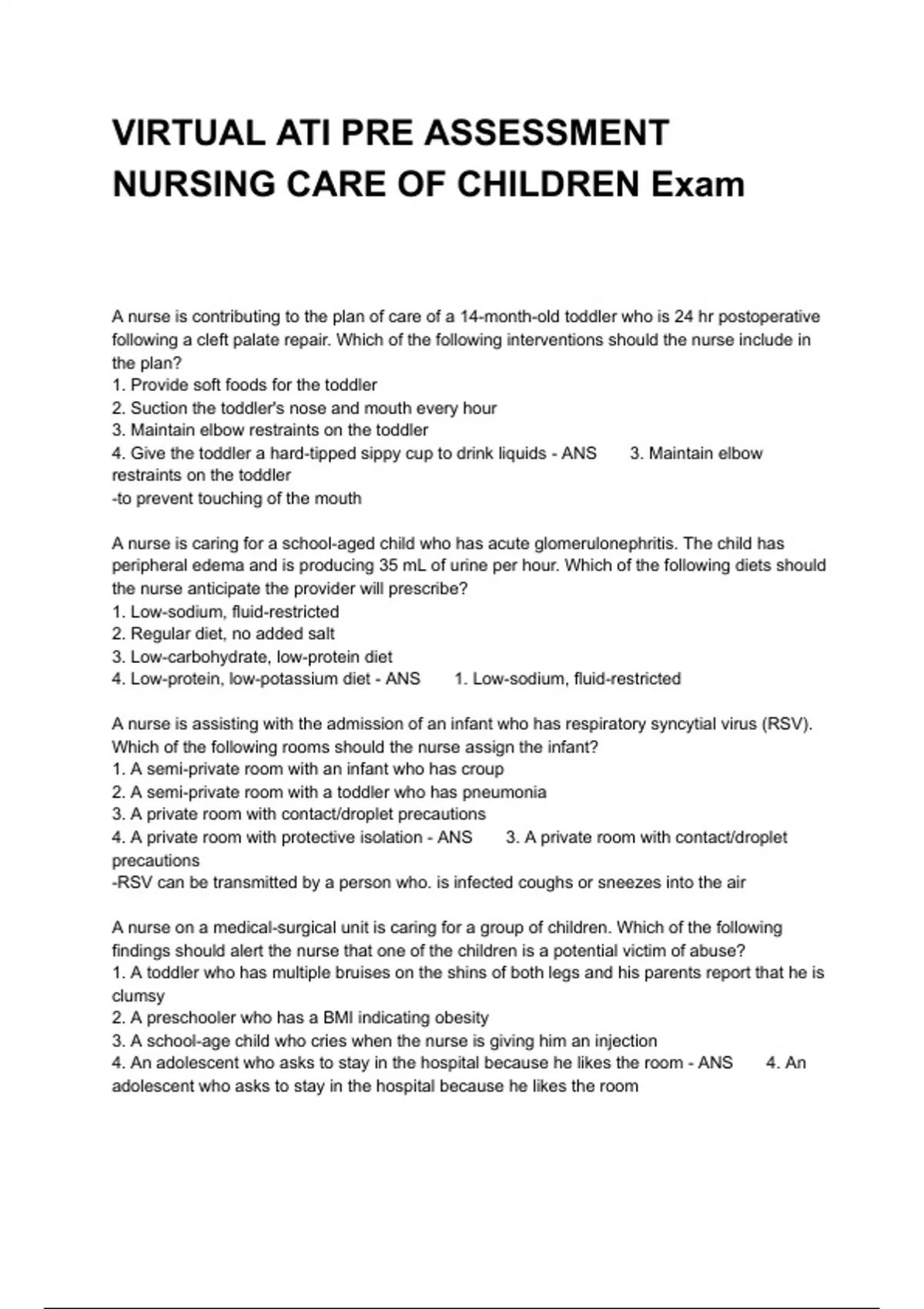 VIRTUAL ATI PRE ASSESSMENT NURSING CARE OF CHILDREN Exam Questions And ...