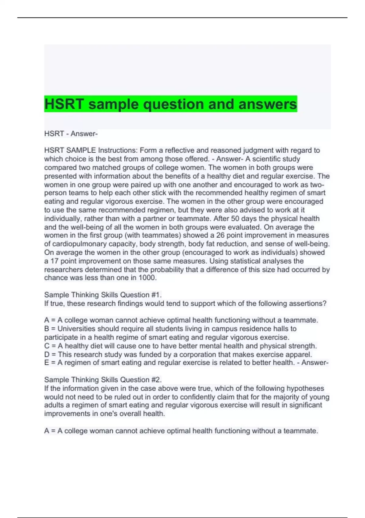 HSRT sample question and answers - HSRT - Stuvia US