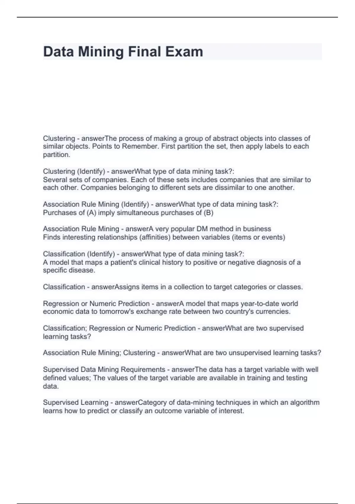 Data Mining Final Exam Questions with solutions 2024 - Data Mining - Stuvia US