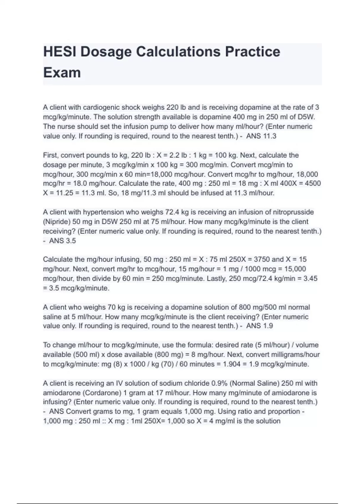 HESI Dosage Calculation Latest Update 2024 ,Questions and Answers (A+ ...