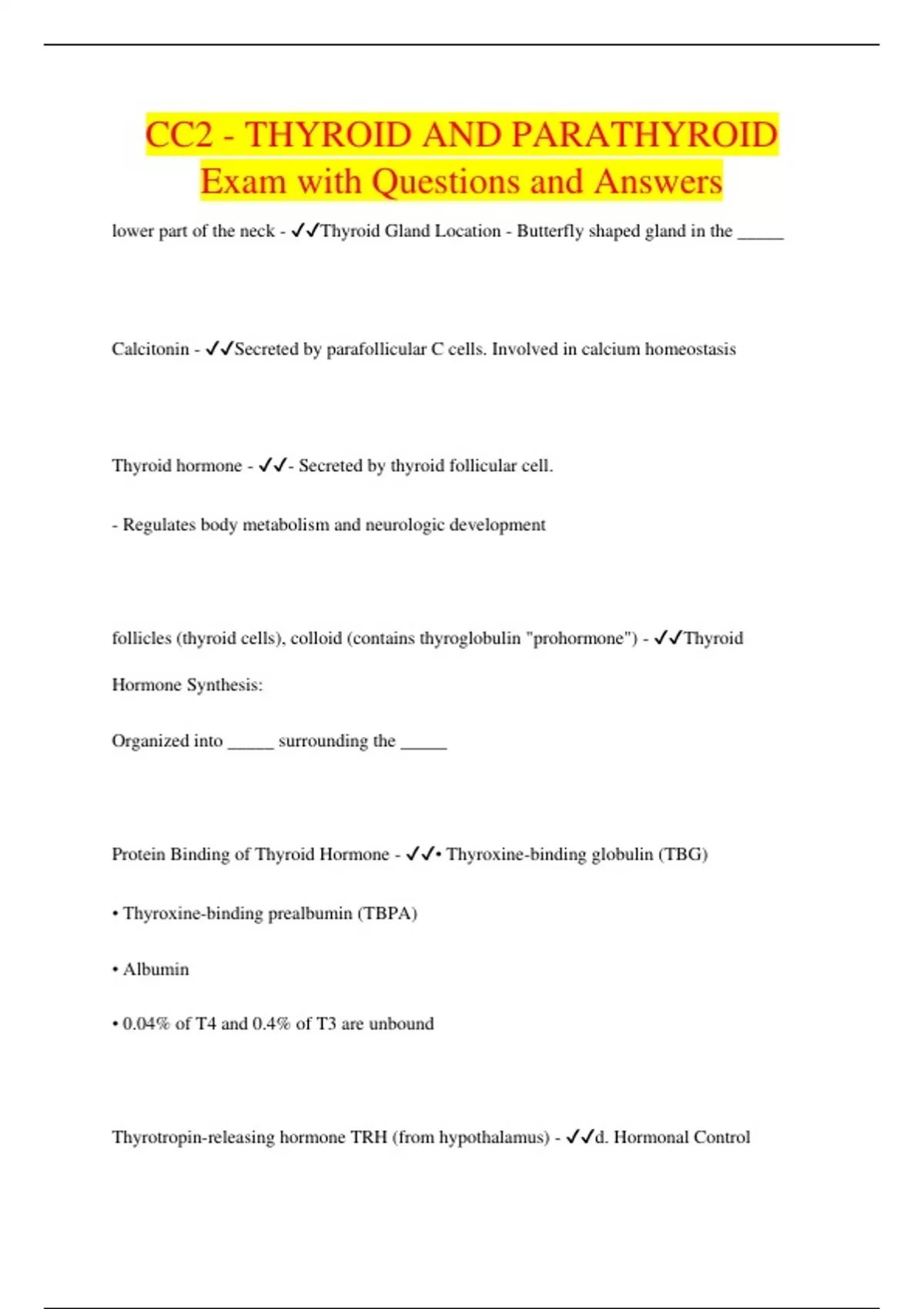 CC2 - THYROID AND PARATHYROID Exam with Questions and Answers - THYROID AND PARATHYROID - Stuvia US