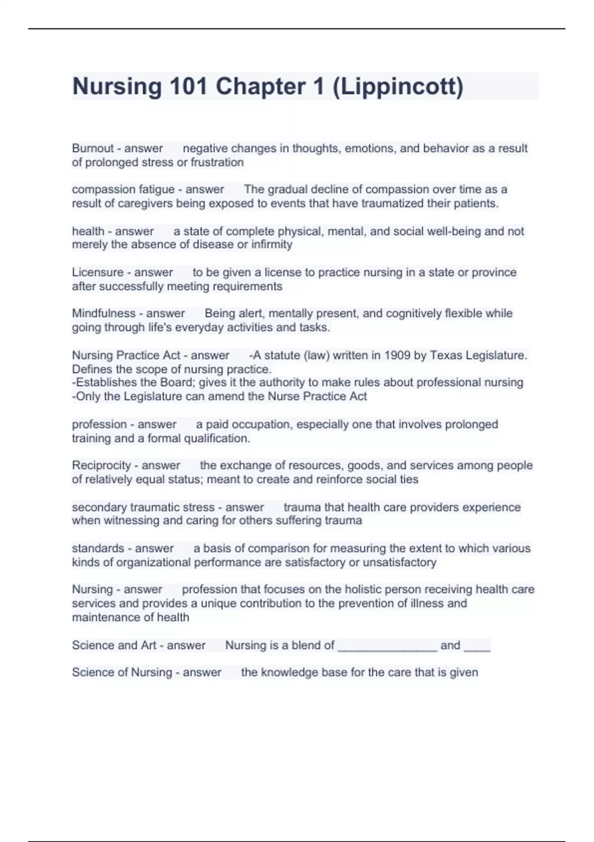 Nursing 101 Chapter 1 (Lippincott) Questions and Answers 2024 - Lippincott - Stuvia US