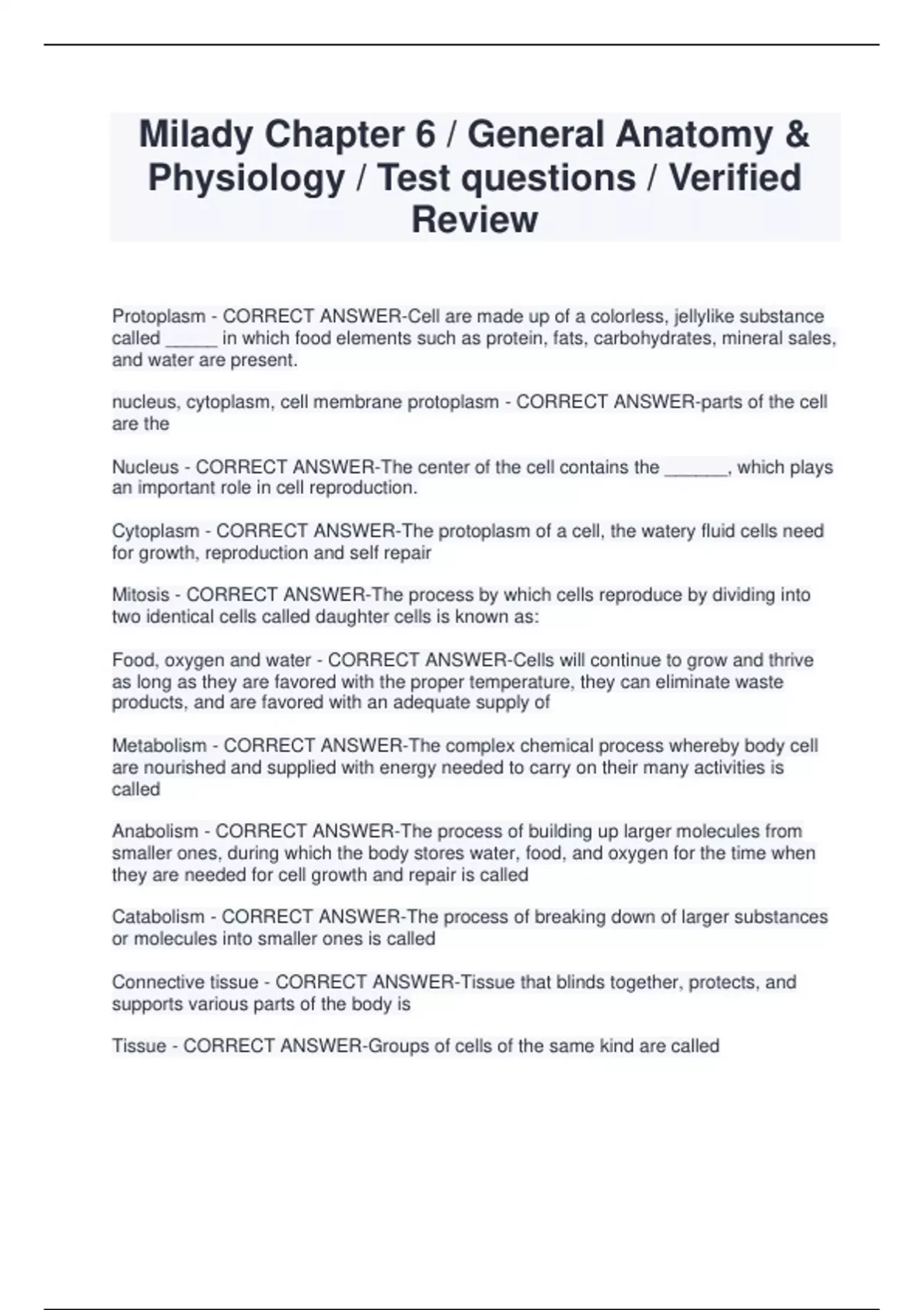 Milady Chapter 6 / General Anatomy & Physiology / Test questions ...