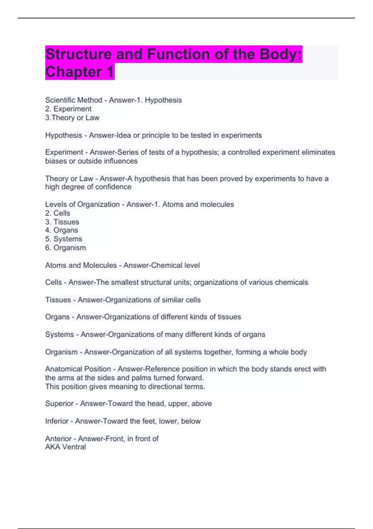 Structure and Function of the Body: Chapter 1 Elaborated Questions And ...