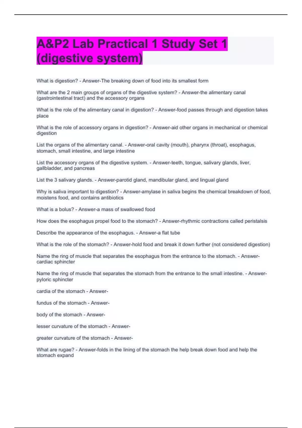 A&P2 Lab Practical 1 Study Set 1 (digestive system) Questions And ...